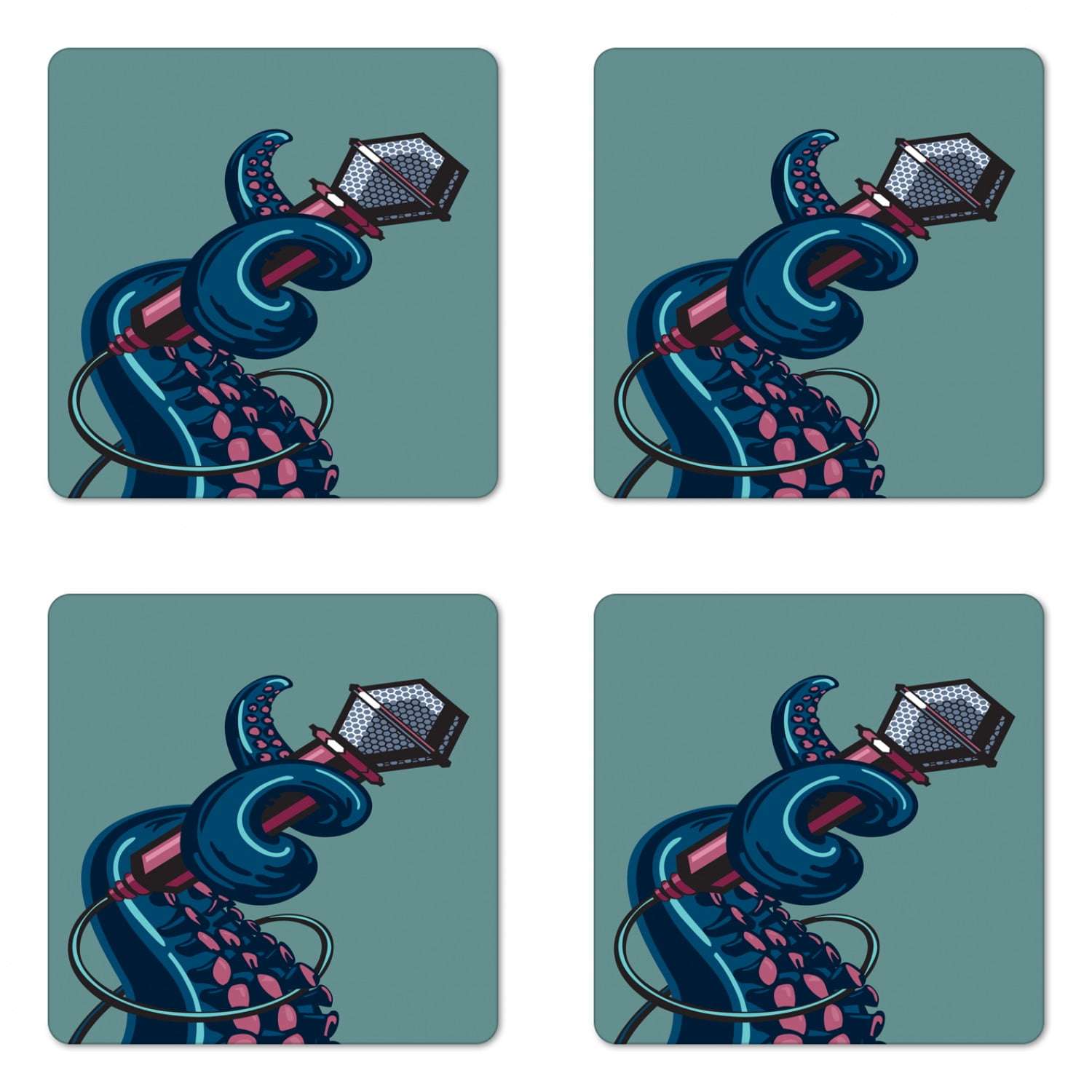 Octopus Coaster Set of 4, Octopus Tentacle Holding a Microphone Retro ...