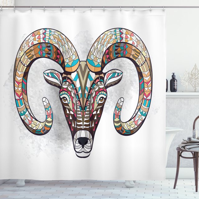 Goat Shower Curtain, Colorful Tribal Ornamented Head of Goat Figure ...