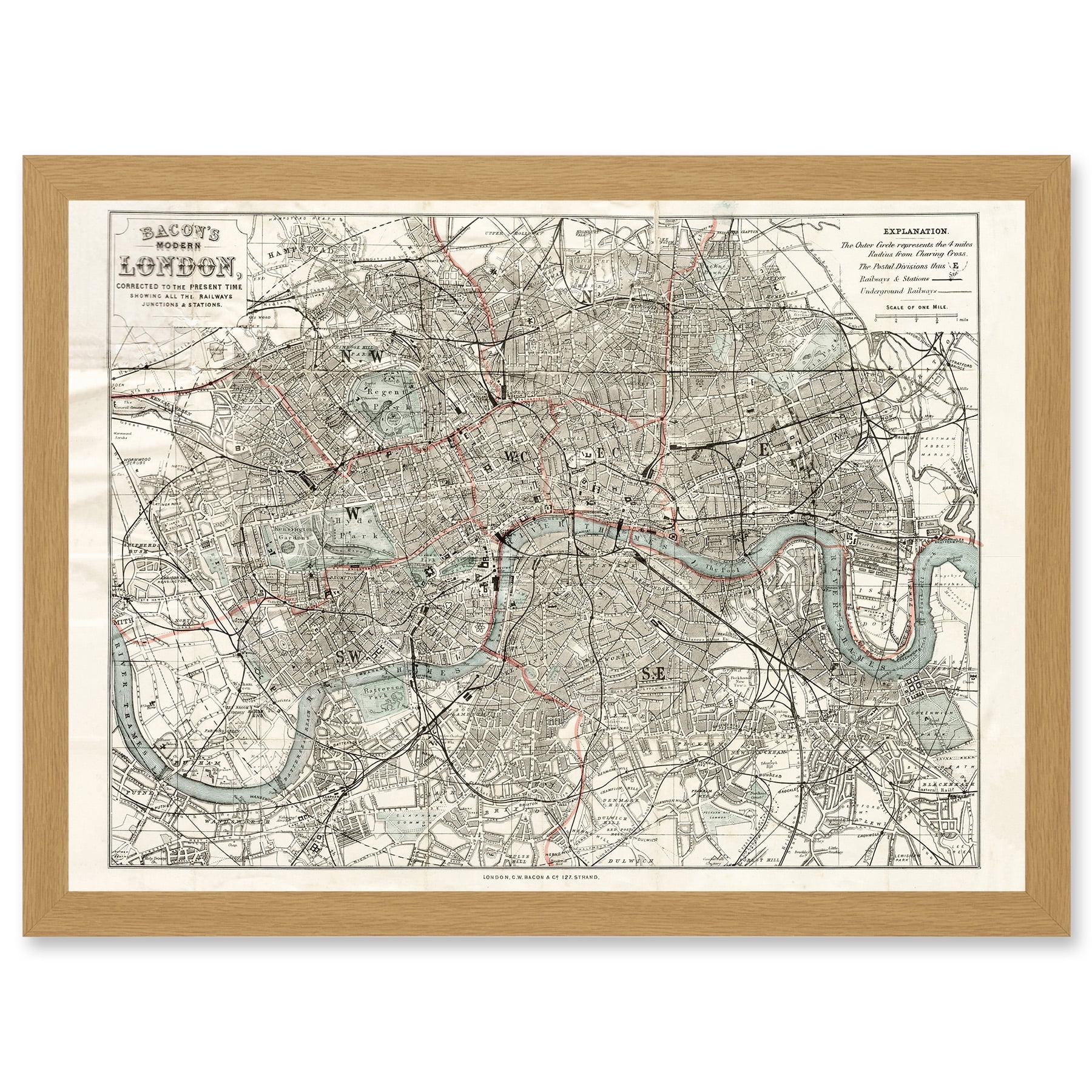 Map Bacon 1883 Modern London City England Plan Chart Artwork Framed ...