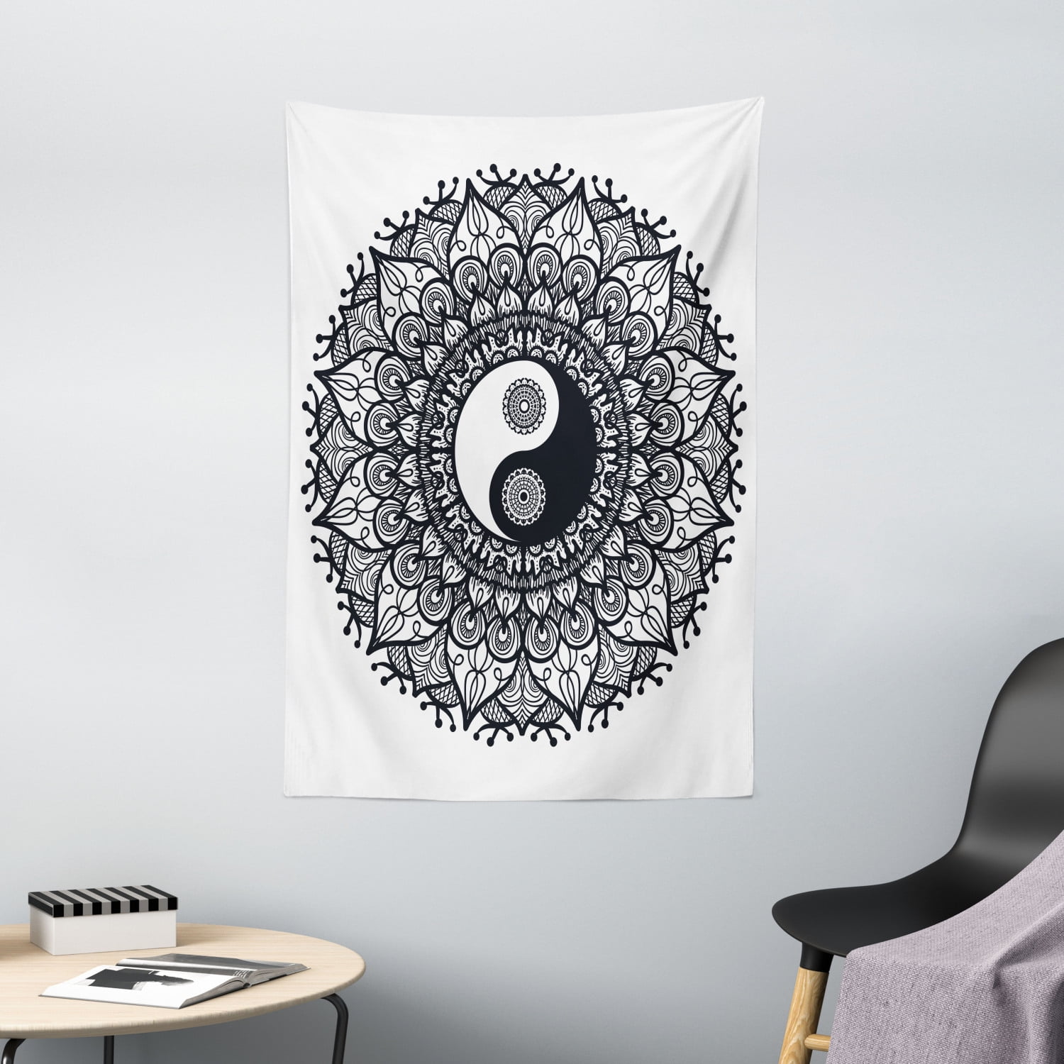 Ying Yang Tapestry, Bohemian Style Tao Symbol in Floral Mandala Design ...
