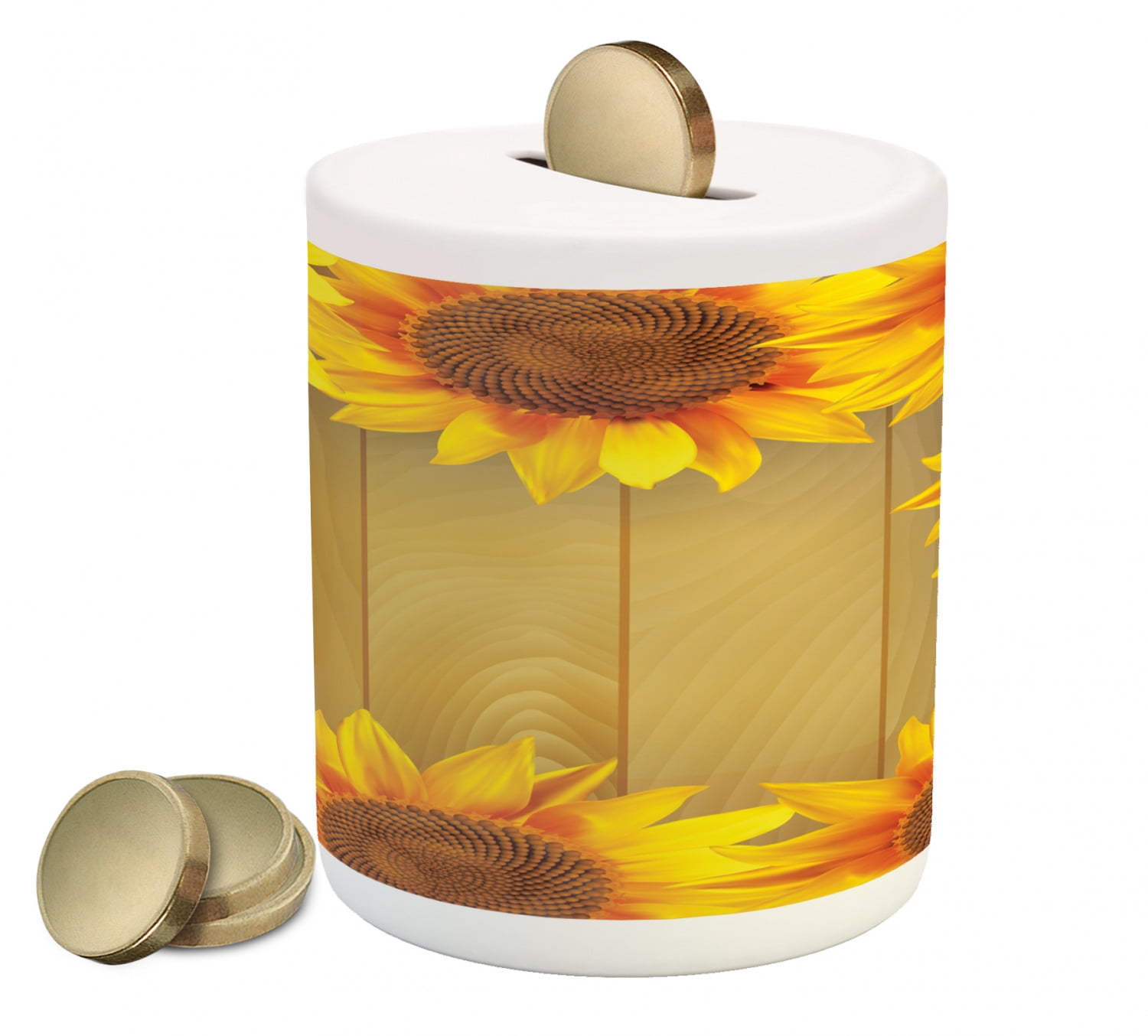 Sunflower Piggy Bank, Sunflower Arranged in a Circle on a Wooden ...