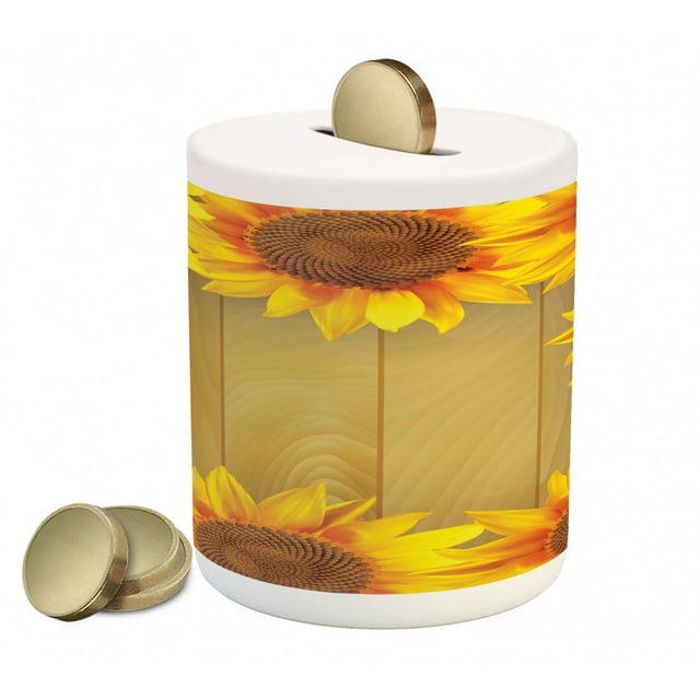 Sunflower Piggy Bank, Sunflower Arranged in a Circle on a Wooden ...