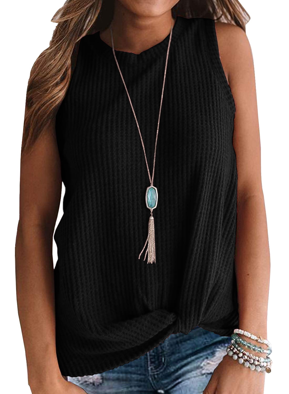 JWD Womens Waffle Knit Tunic Casual Blouse Sleeveless Cute Twist Knot ...