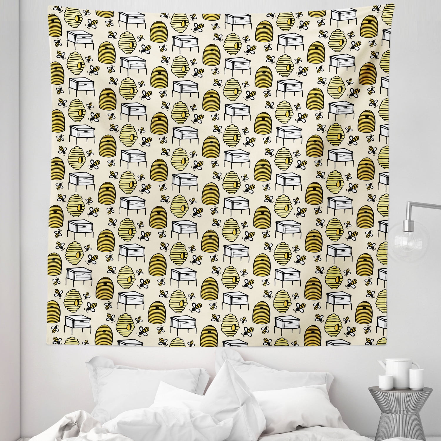 Bee Tapestry, Caricature Beehives and Honey Bees Print Rural ...