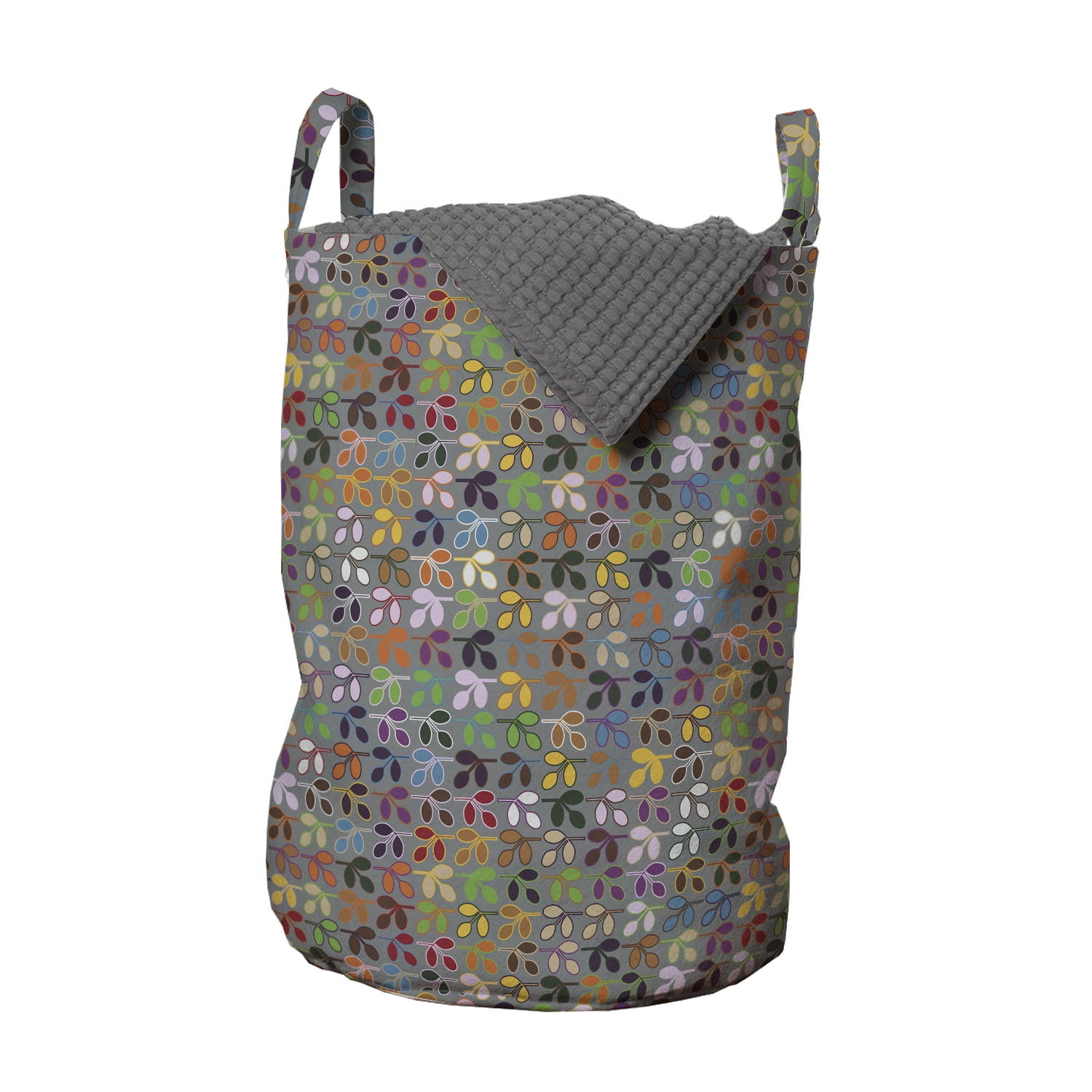 Leaves Laundry Bag, Graphic Foliage Motifs in Lively Colors on a Grey ...
