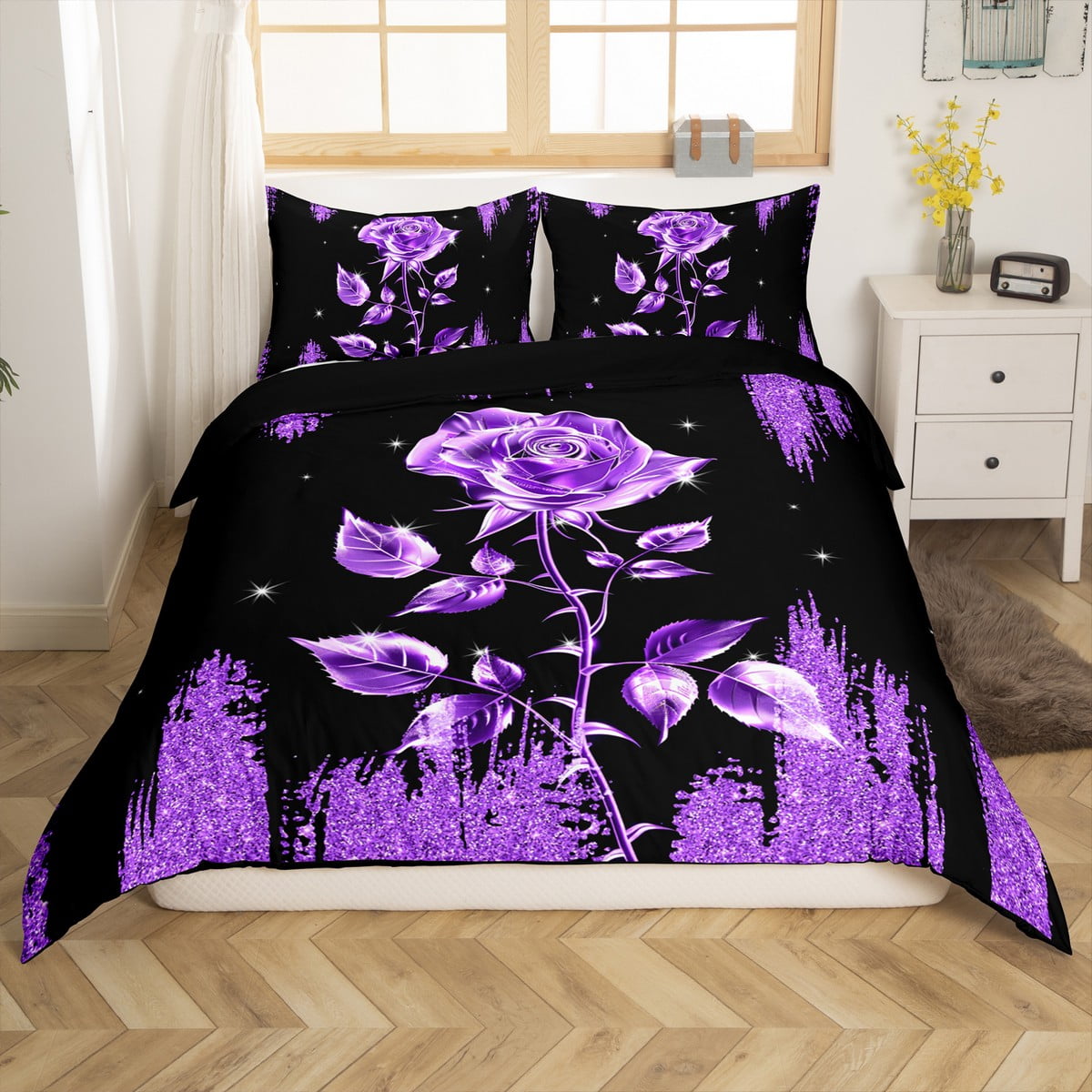 Click here for Yst Black Purple Shiny Duvet Cover Queen girls Ros... prices
