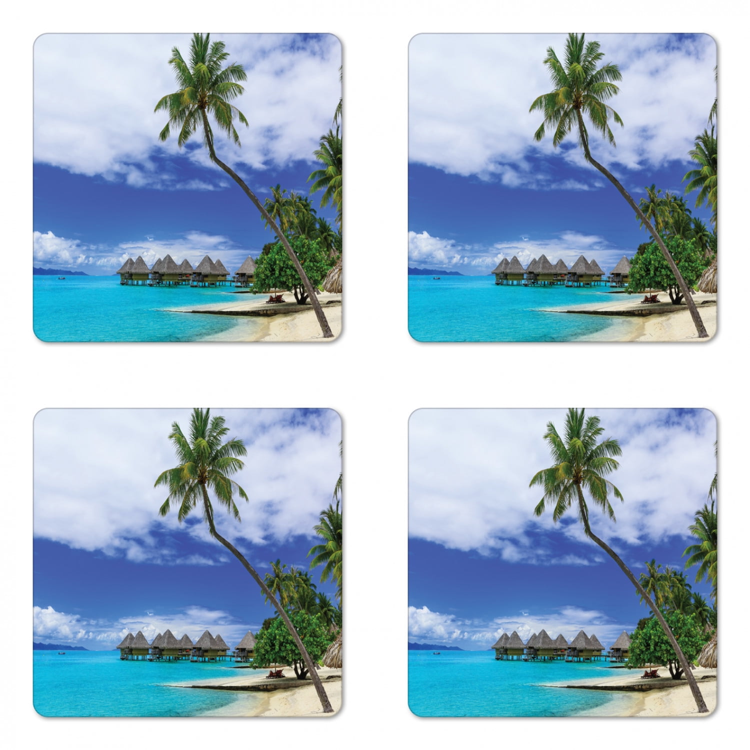 Tropical Coaster Set of 4, Water Bungalows of Tropical Resort Bora Bora ...