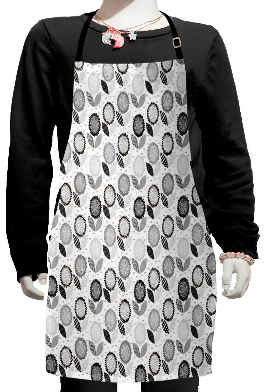 Floral Kids Apron, Vertical Monochrome Borders with Abstract Blossoms ...