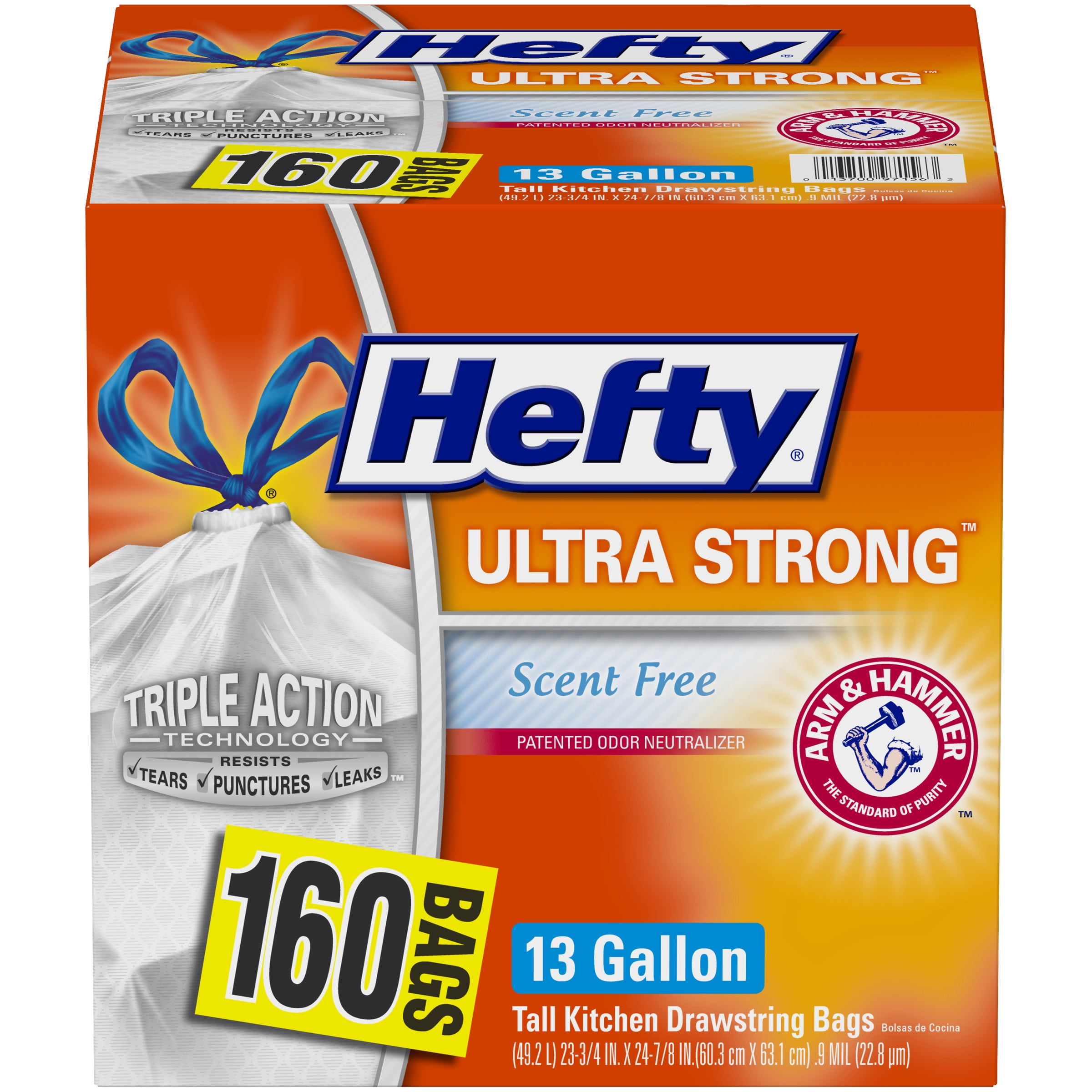 Hefty Ultra Strong Scent Free Tall Kitchen Drawstring Bags, 13 Gallon ...