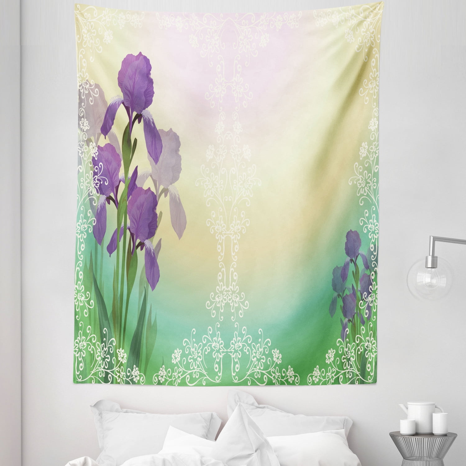 Lilac Tapestry, Blossoming Iris in Floral Frame on Dreamy Colors Bridal ...