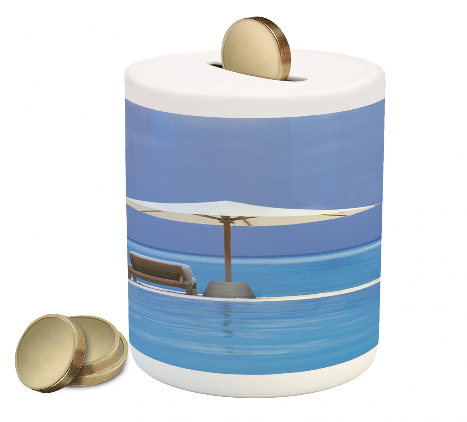Seaside Piggy Bank, Beach Chairs and Umbrella on a Island in the Middle ...