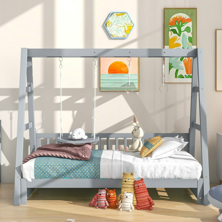 Extendable Twin Daybed with Swing and Ring Handles Wooden Daybed Frame with Trundle for Kids Girls Boys Double Twin Platform Bed Extendable Bed