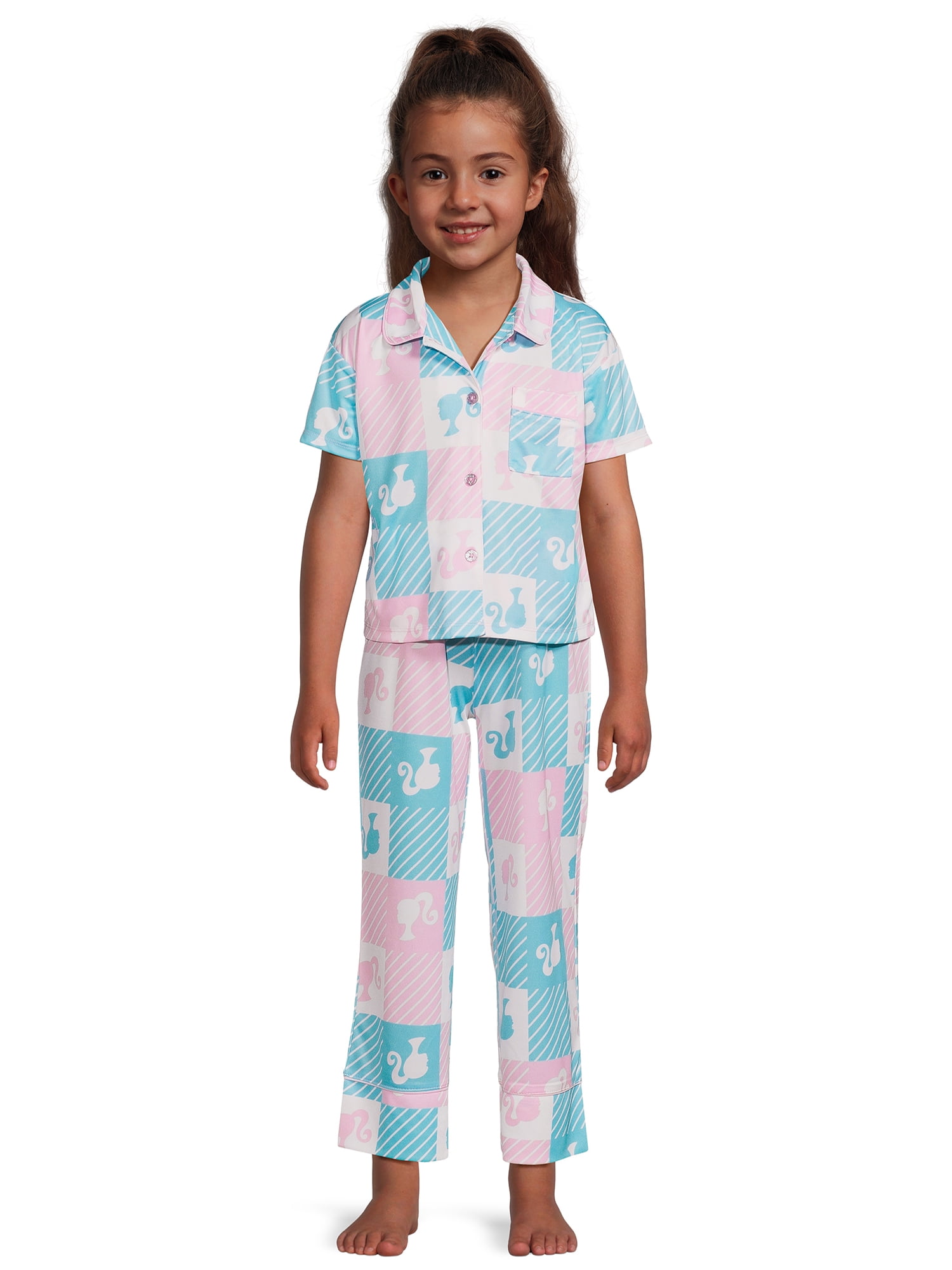 Barbie Girls Short Sleeve Notch Collar Top and Pants Pajama Set, 2 ...