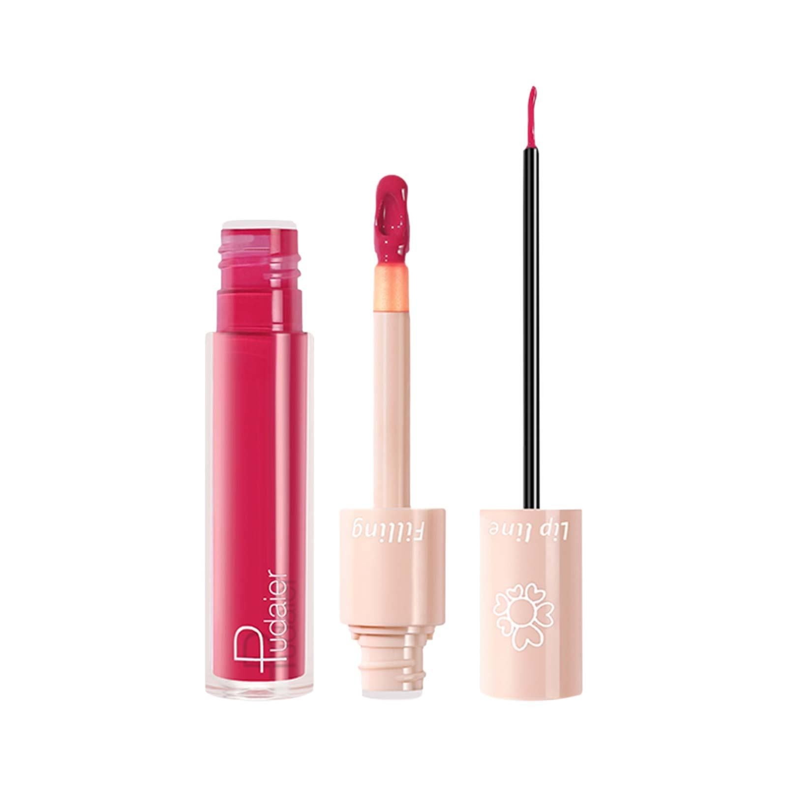 Shimmery Lip Gloss Lipstick And Lip Liner Set, Two-In-One Matte Long ...