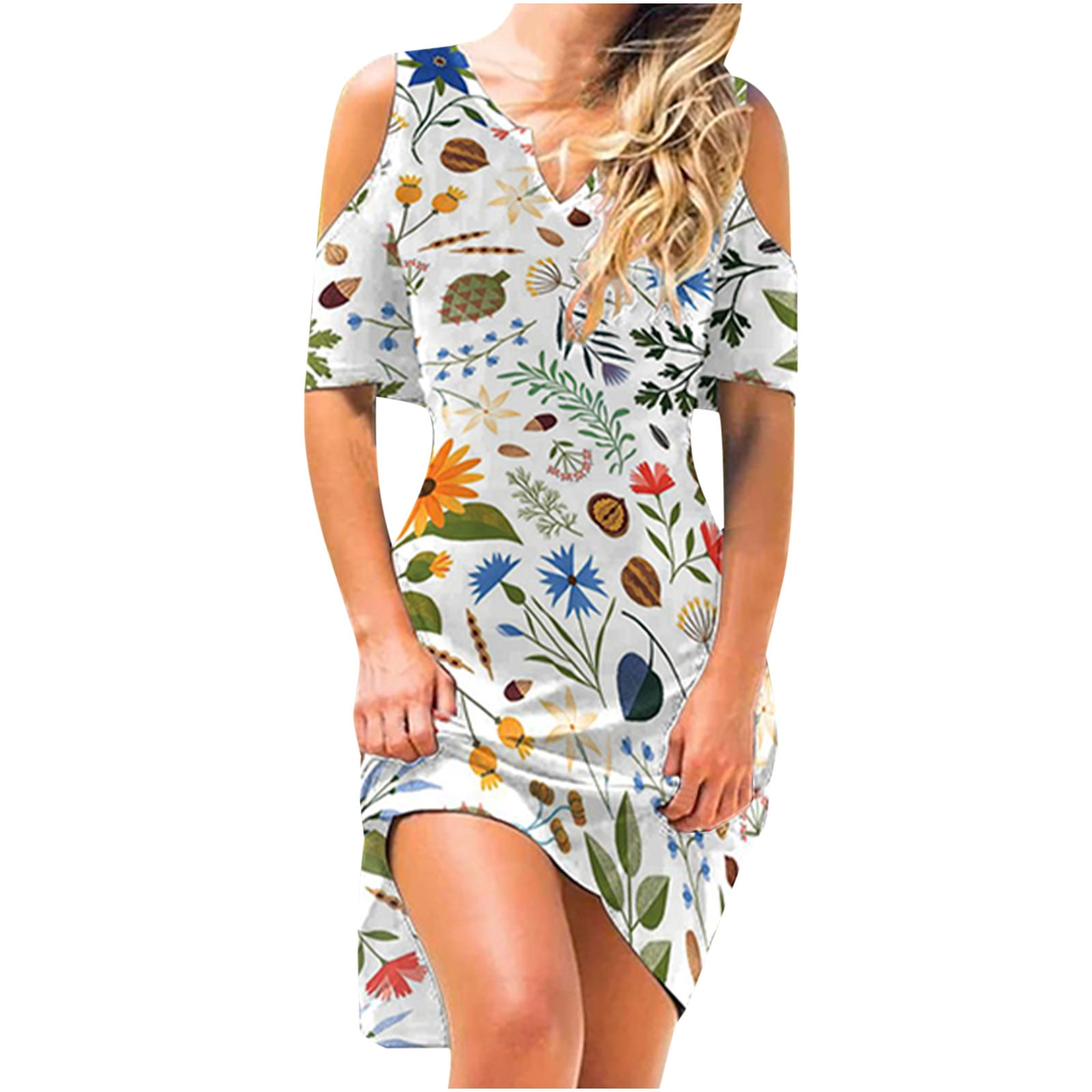 Bodycon Beach Dresses for Women Sexy Cold Shoulder Hem Retro Print ...