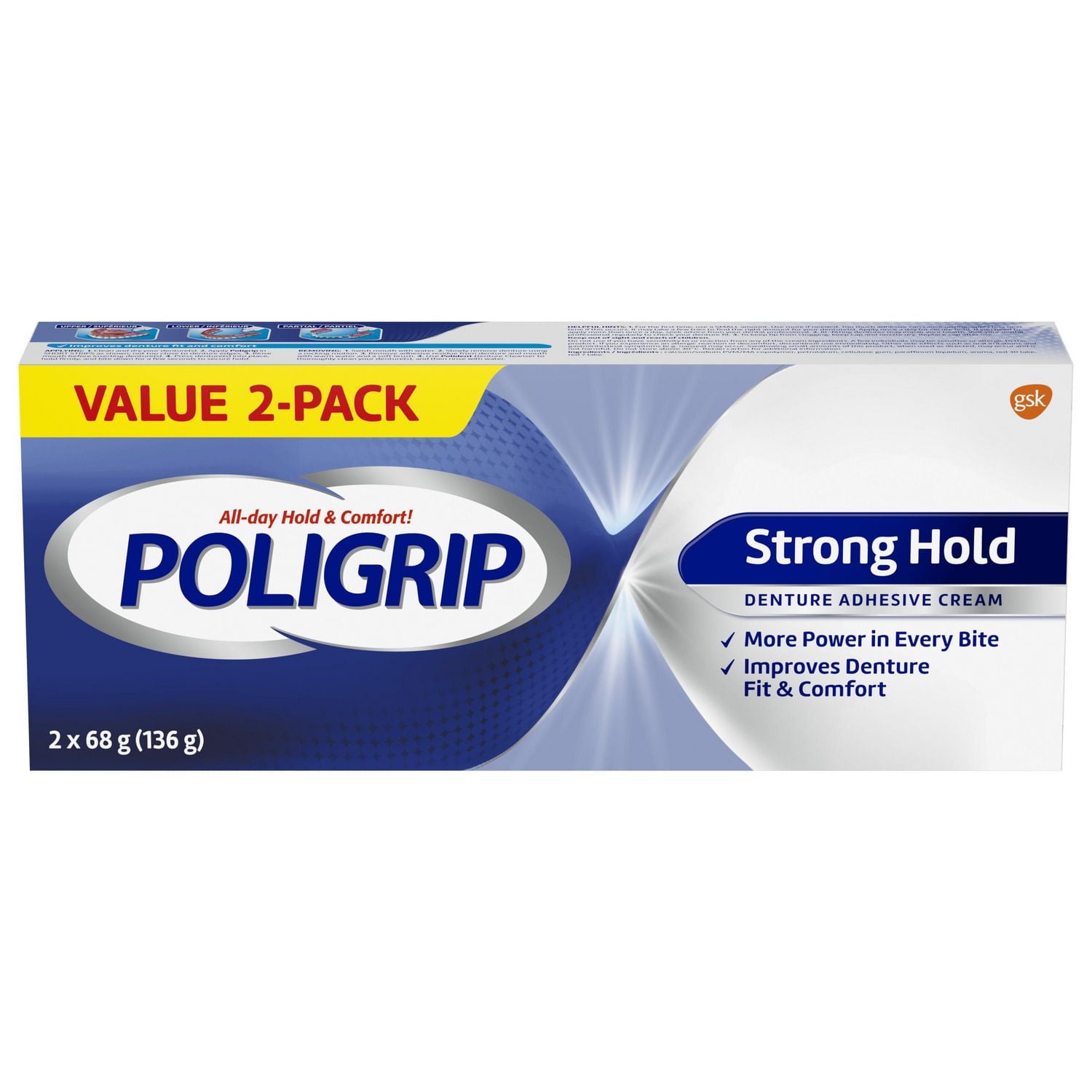 Poligrip Strong Hold Denture Adhesive Cream, Zinc Free, tubes (136 ...