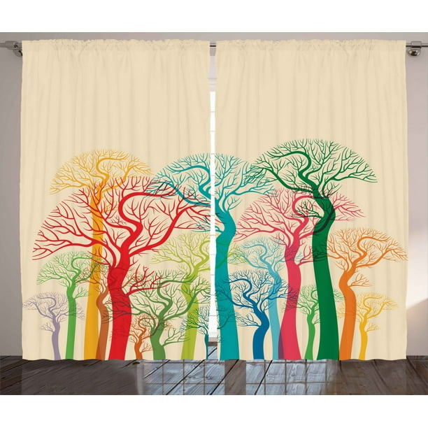 Autumn Decor Curtains 2 Panels Set, Colorful Leafless Abstract Tree ...