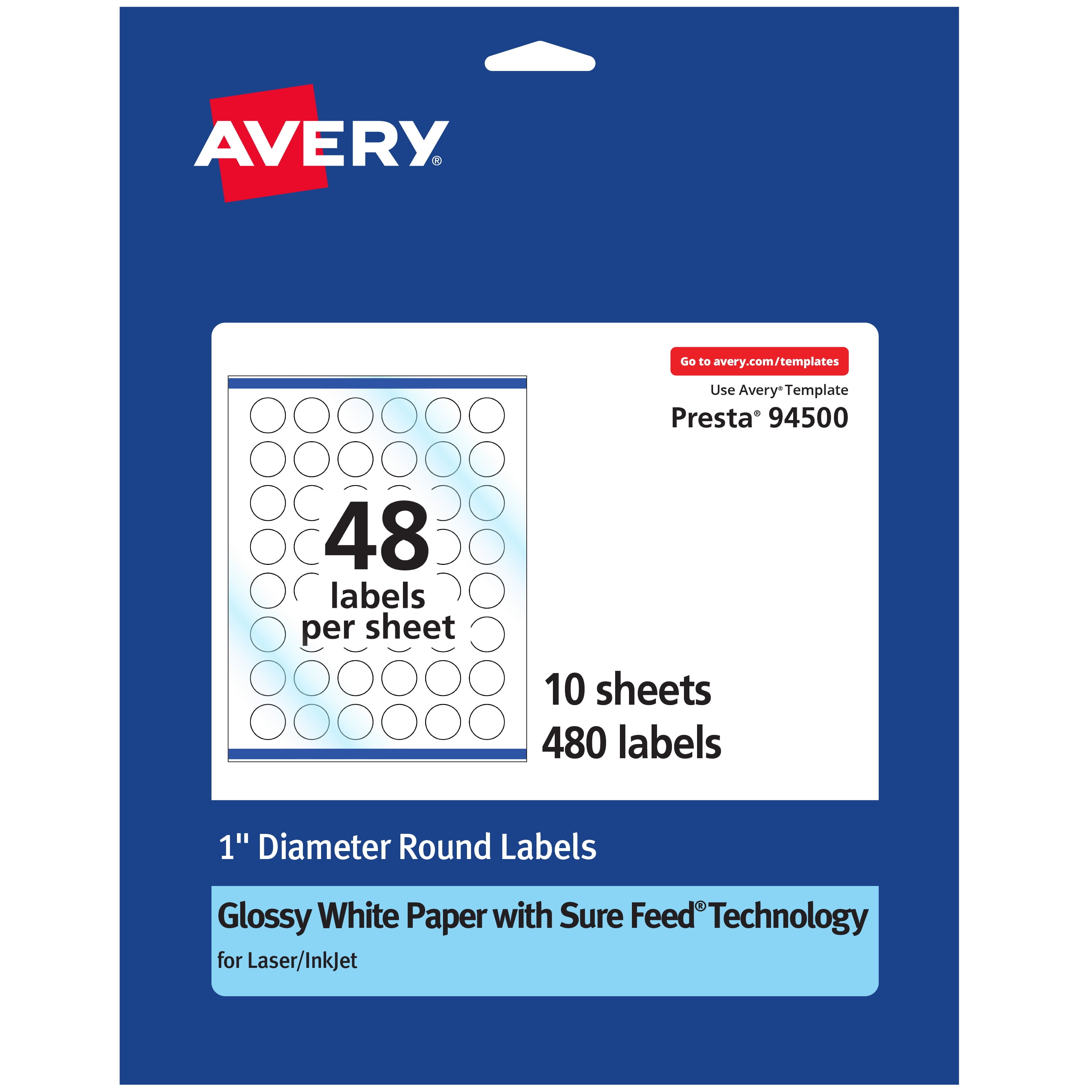 Avery Round Labels with Sure Feed, 1" Diameter, 480 Glossy White Labels ...