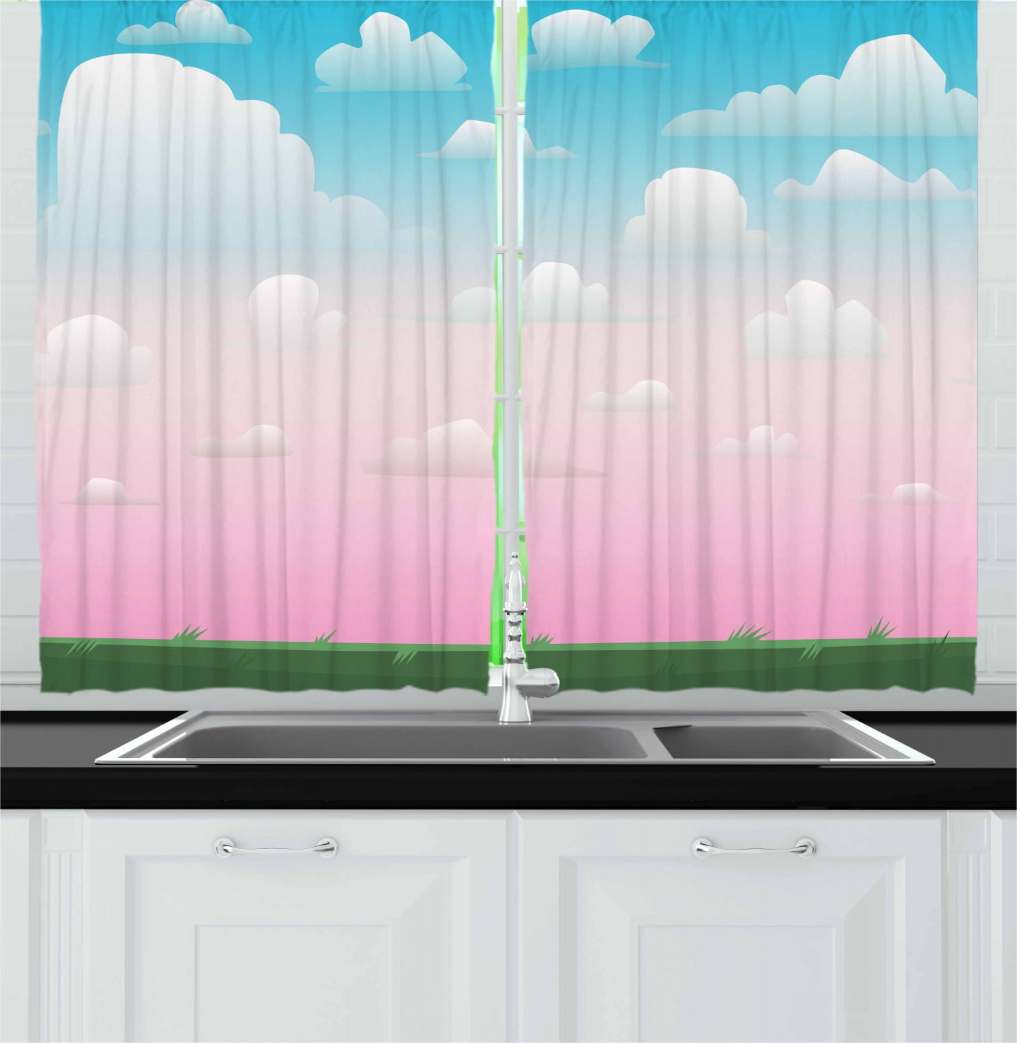 Cloud Curtains 2 Panels Set, Cartoon Nature Horizontal Landscape with ...