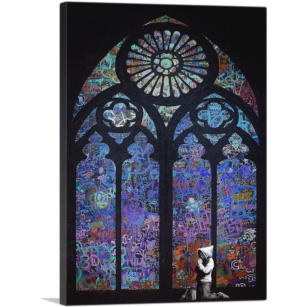 ARTCANVAS Graffiti Stained Glass - Blue Canvas Art Print by Banksy ...