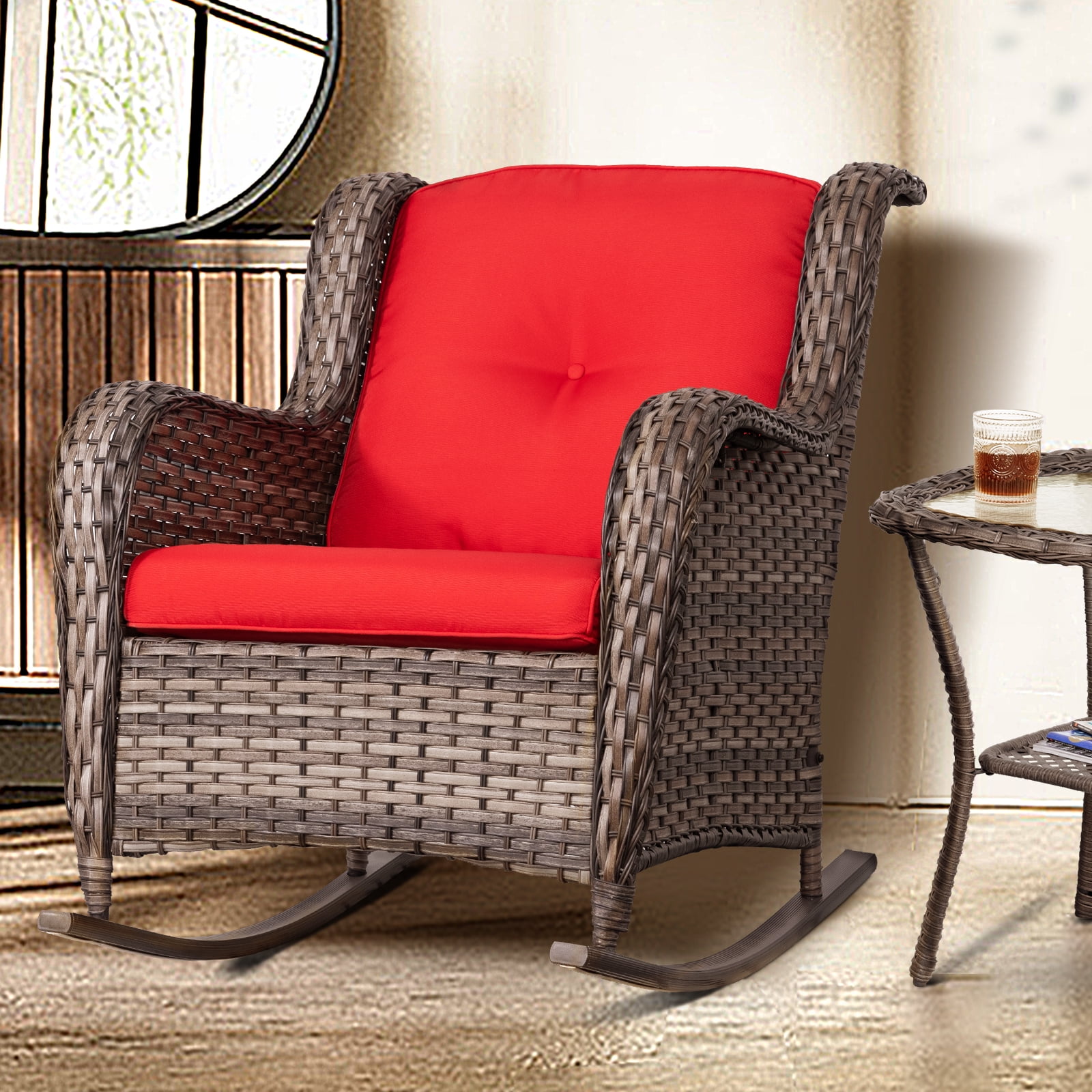 Meetleisure Hand-woven Wicker Outdoor Rocking Chair with Red Cushion ...