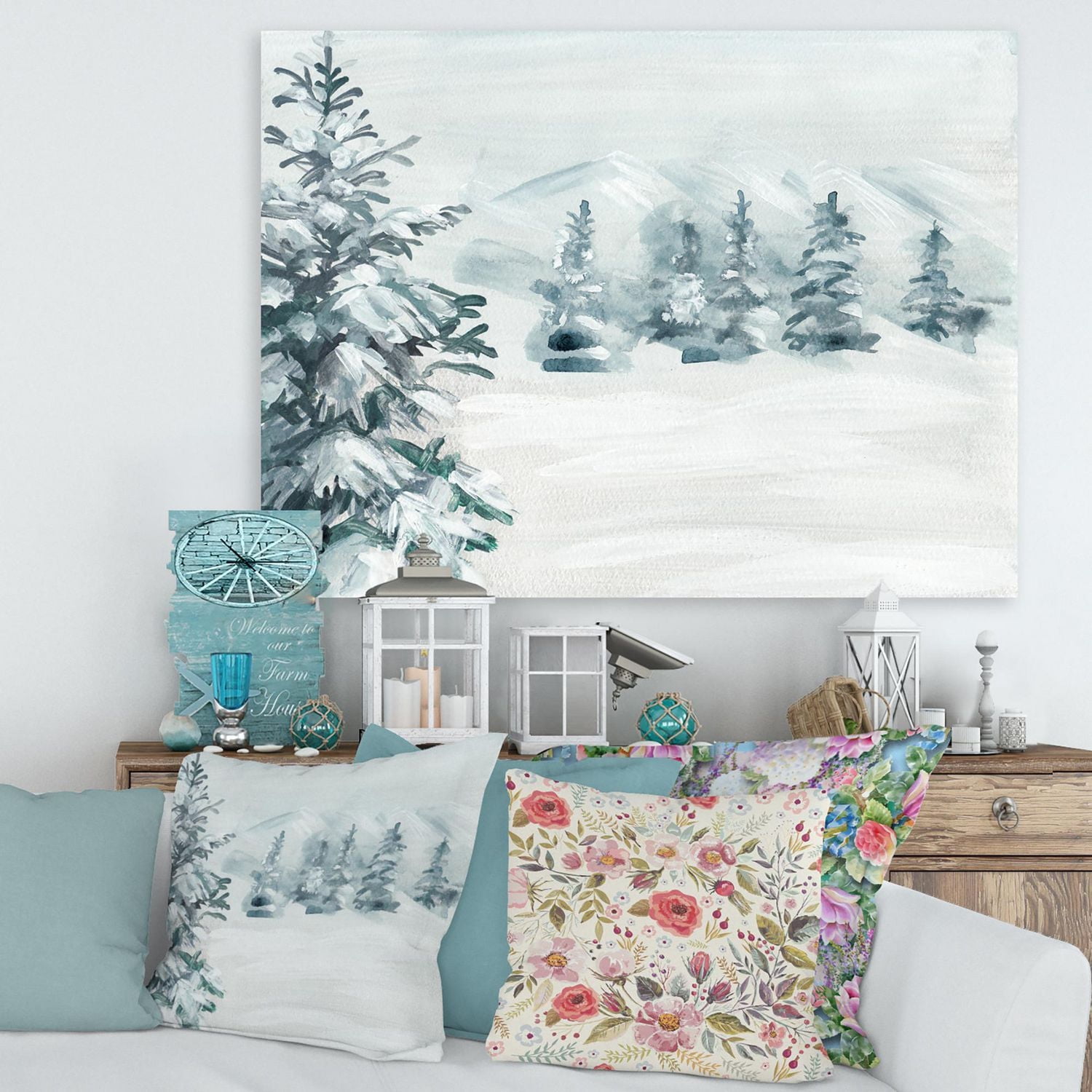 Click here for Designart Snowy Pine Trees Canvas Wall Art 32 In prices