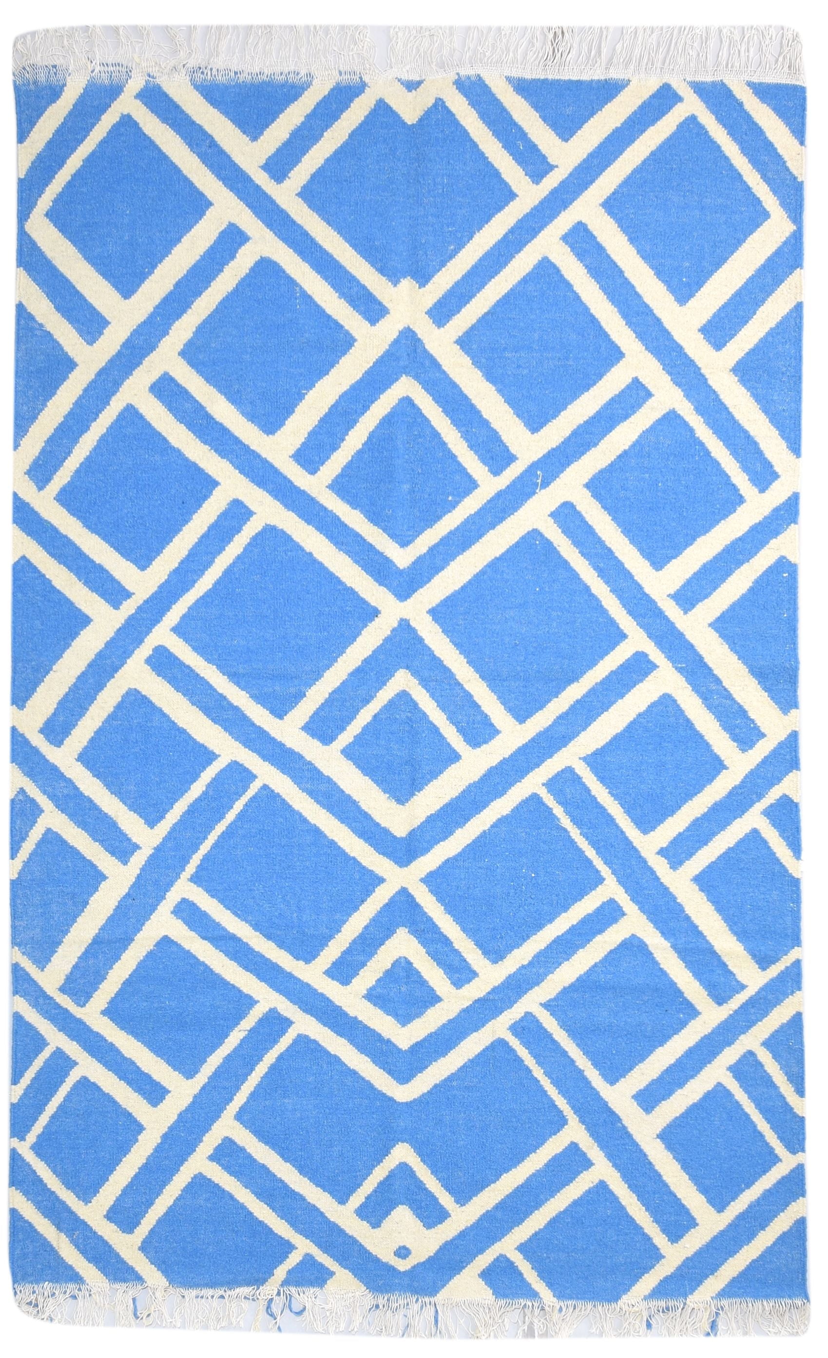 Blue Wool Rug 5' X 8' Modern Dhurrie Bohemian Abstract Room Size Carpet ...