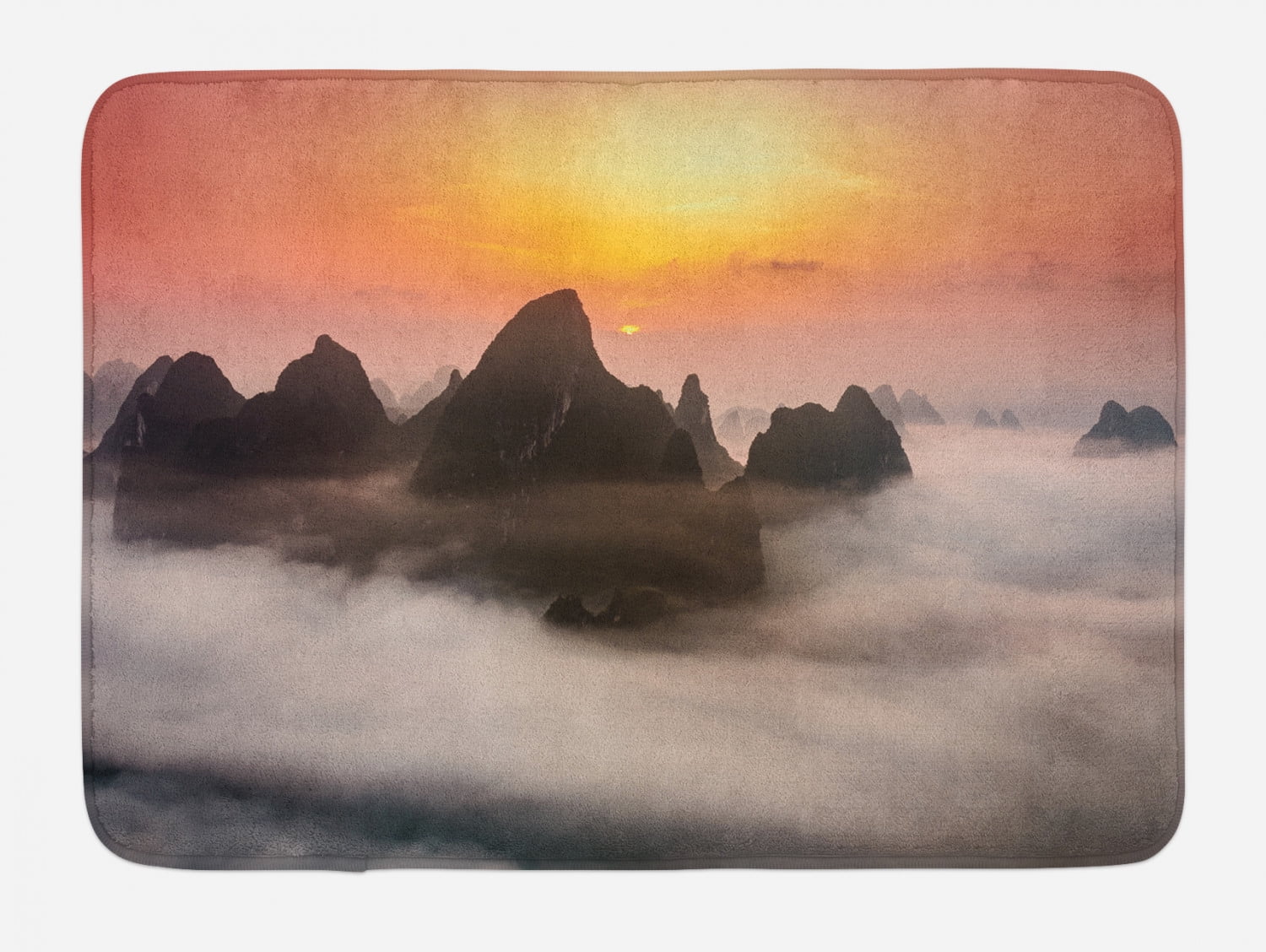 Mountain Bath Mat, Chinese Mountains with Mist Clouds Horizon Sunset ...