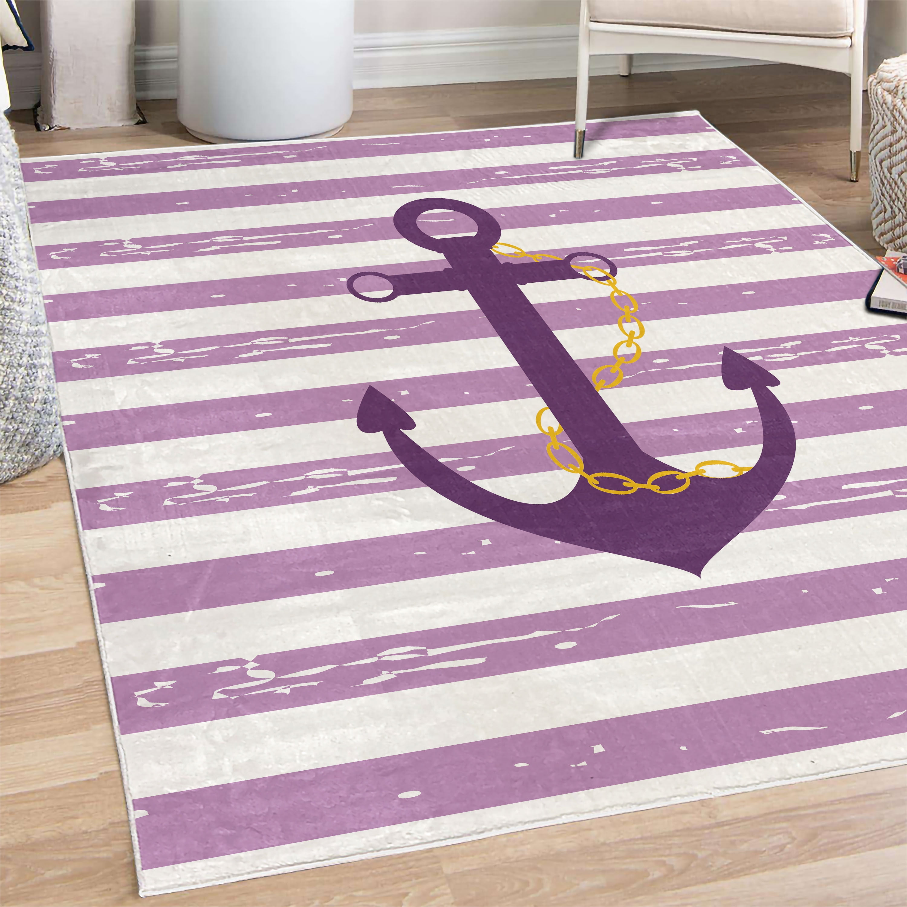 Striped Decorative Rug, Ship Anchor Chain Marine Life Inspired Lines ...