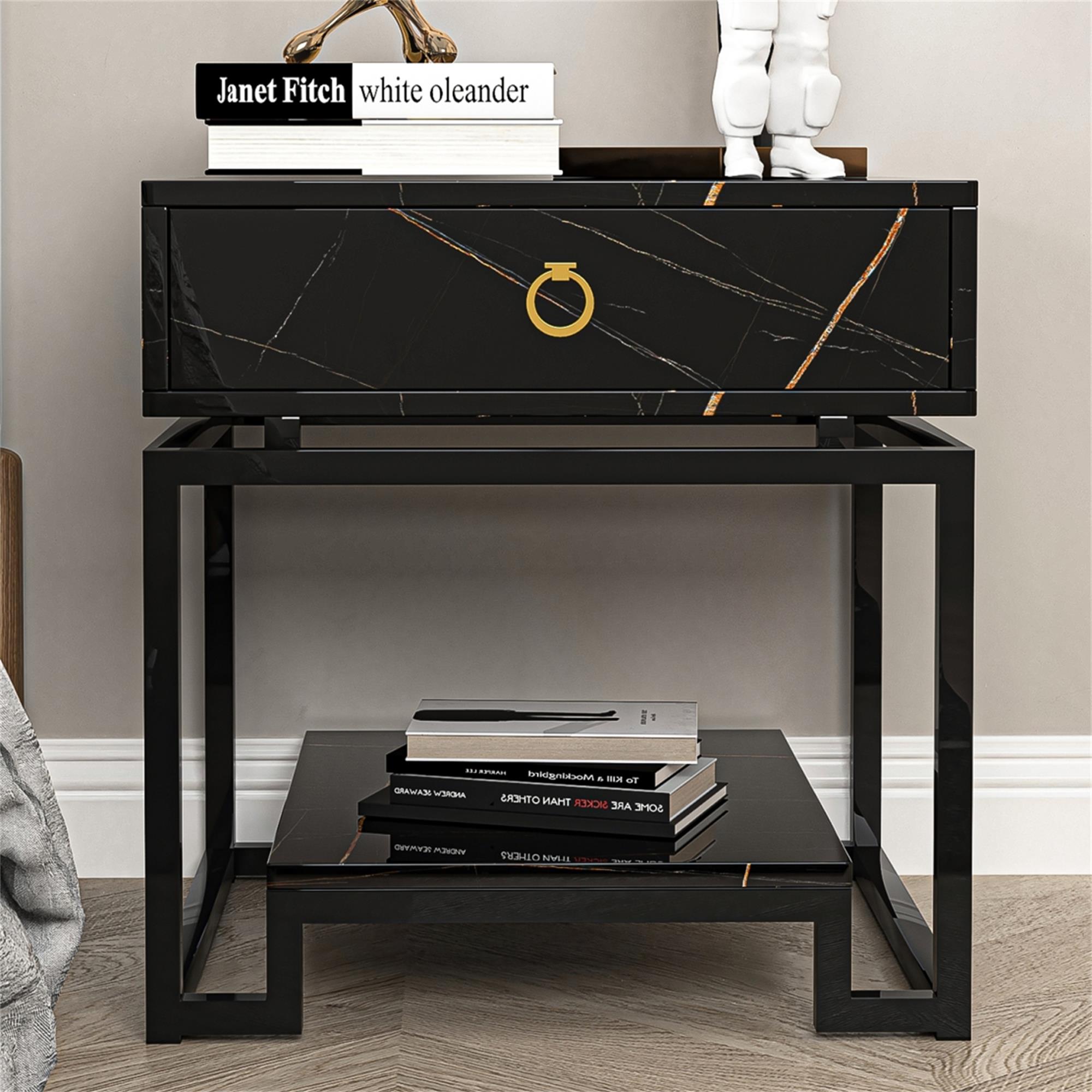 Resenkos Black Marble Nightstand Set of 2 for Bedroom with Golden ...