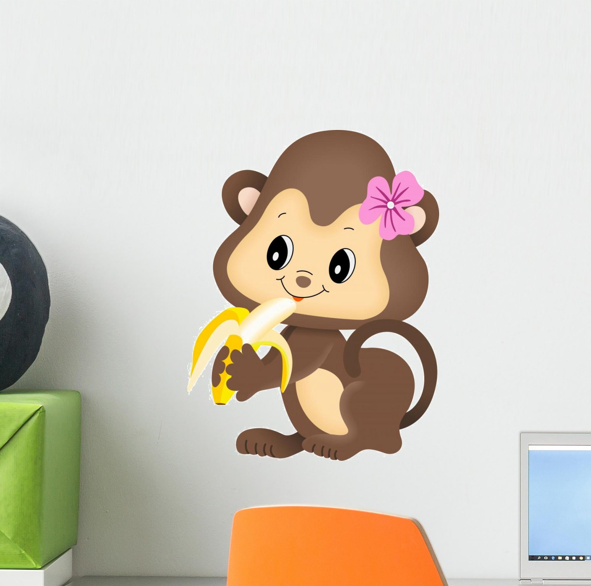 Girl Monkey Eating Banana Wall Decal by Wallmonkeys Peel and Stick ...