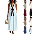 Elegant Color Block Linen Maxi Dress for Women Summer Bowtie Deep V ...