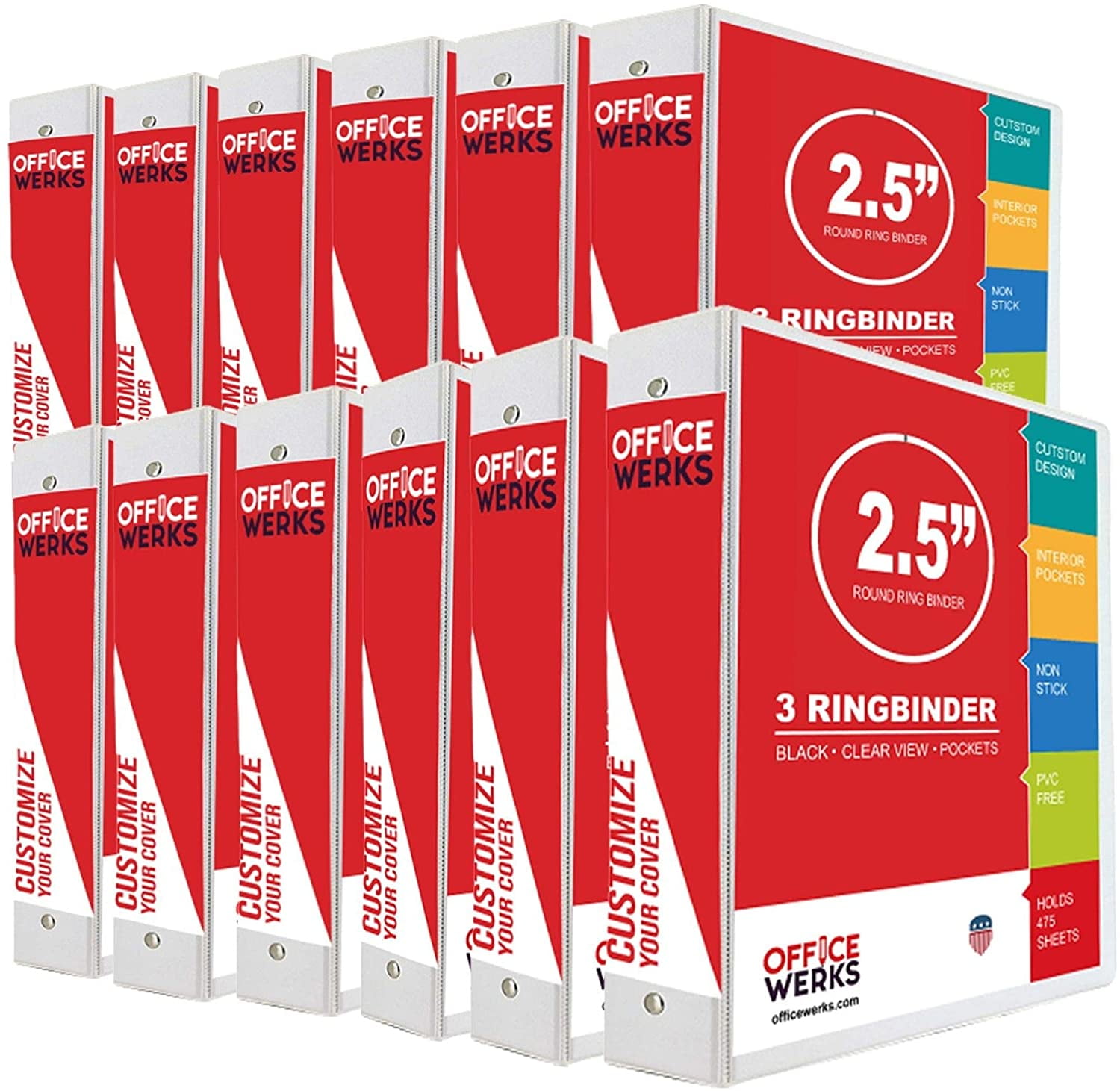 3 Ring Binders, 2.5 inch Round Rings, White, Clear View, Pockets, 12 ...