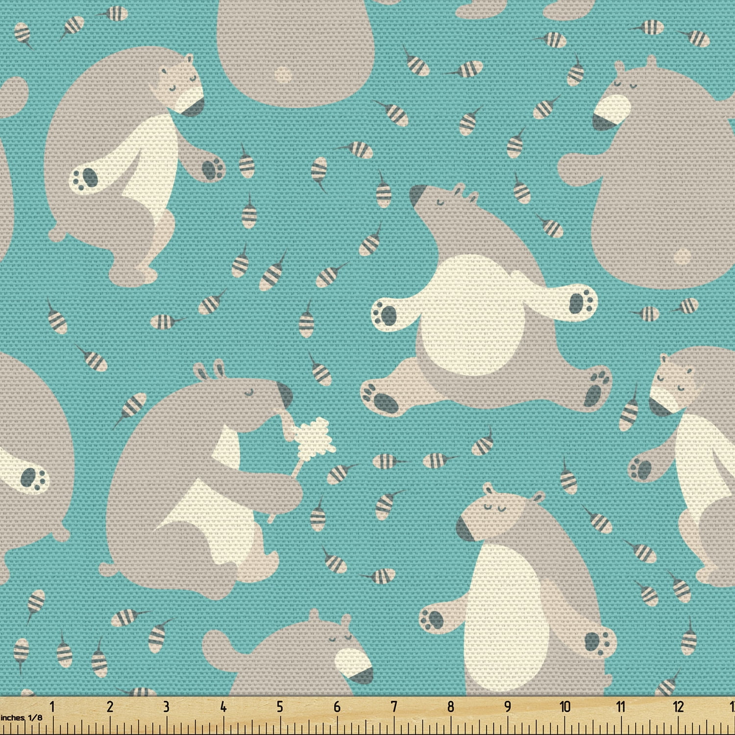 Bear Fabric by the Yard Upholstery, Dancing Funny Animals with Bees ...
