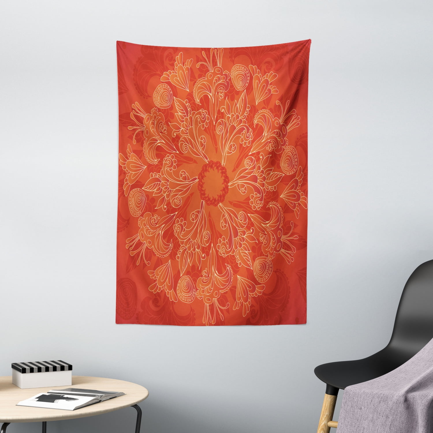Red Mandala Tapestry, Vibrant Colored Doodle Style Nature Figures ...