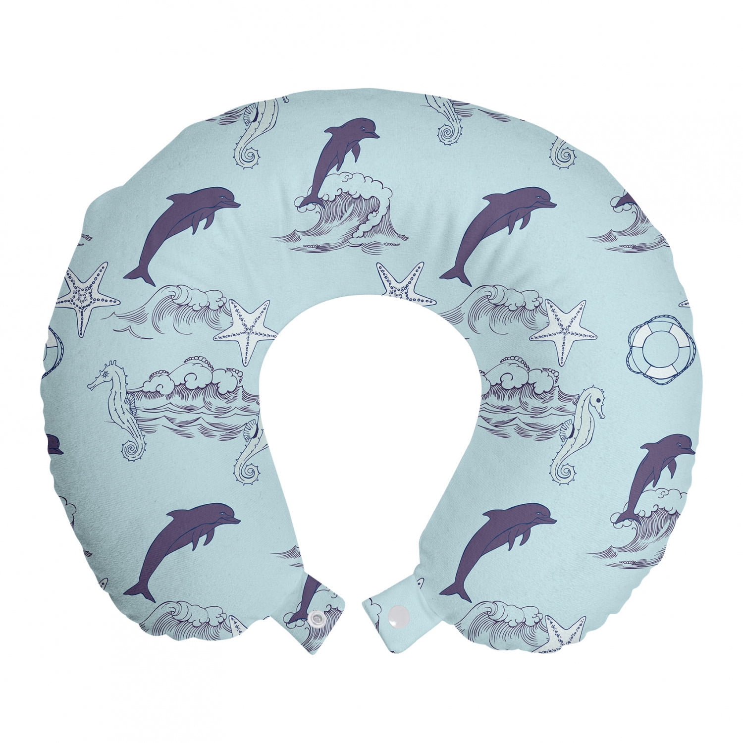 Nautical Travel Pillow Neck Rest, Continuous Waves with Seahorse Buoy ...