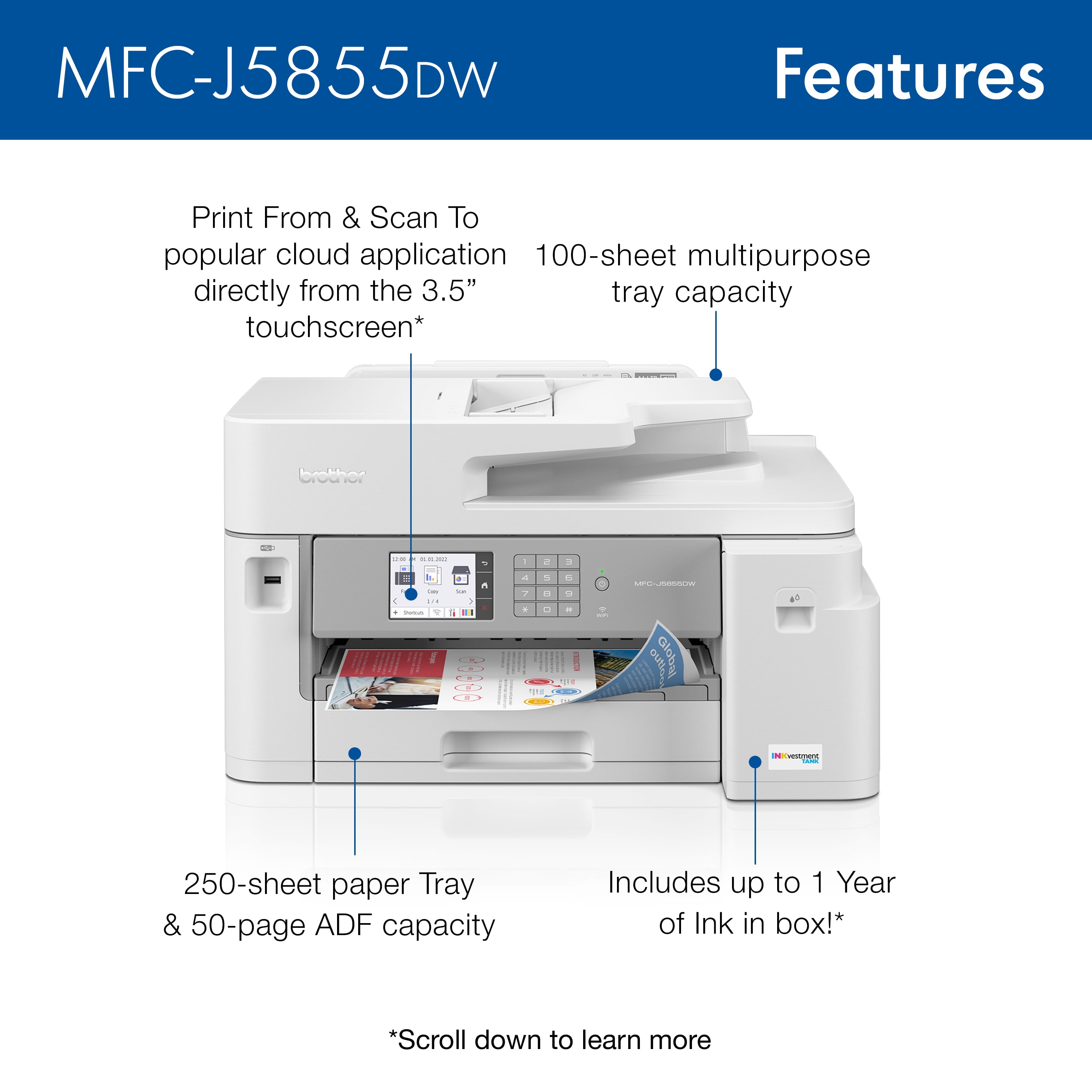 Brother MFC-J5855DW INKvestment Tank Color Inkjet All-In-One Printer ...