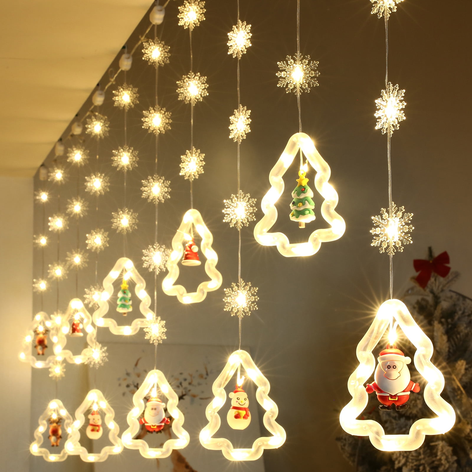 KBOOK Christmas Curtain LED String Lights Christmas Tree Snowflake ...