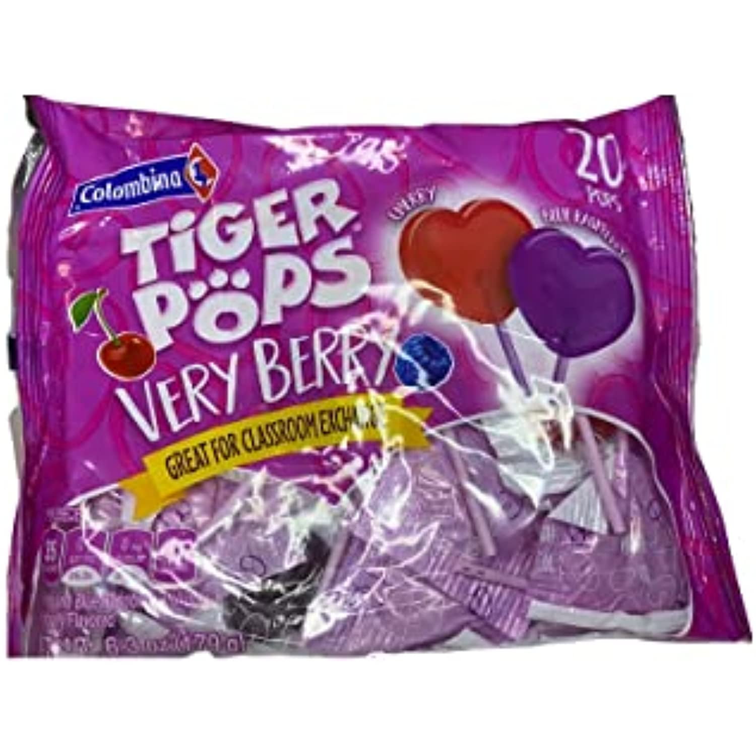 Valentines Day Tiger Pops Very Berry Flavor Heart Pops Candy Suckers 20 ...