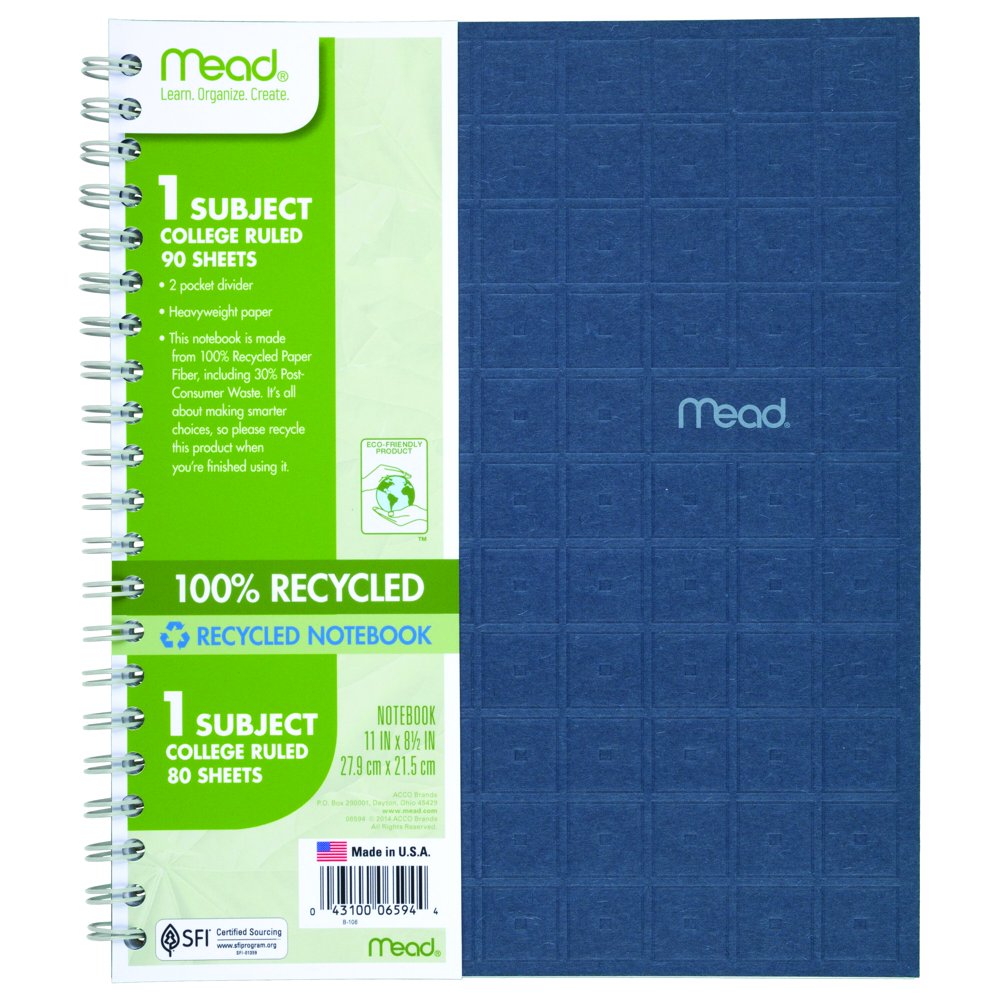 Mead Recycled Notebook, 80 Sheets, College Ruled, 11" x 8.5", Indigo ...