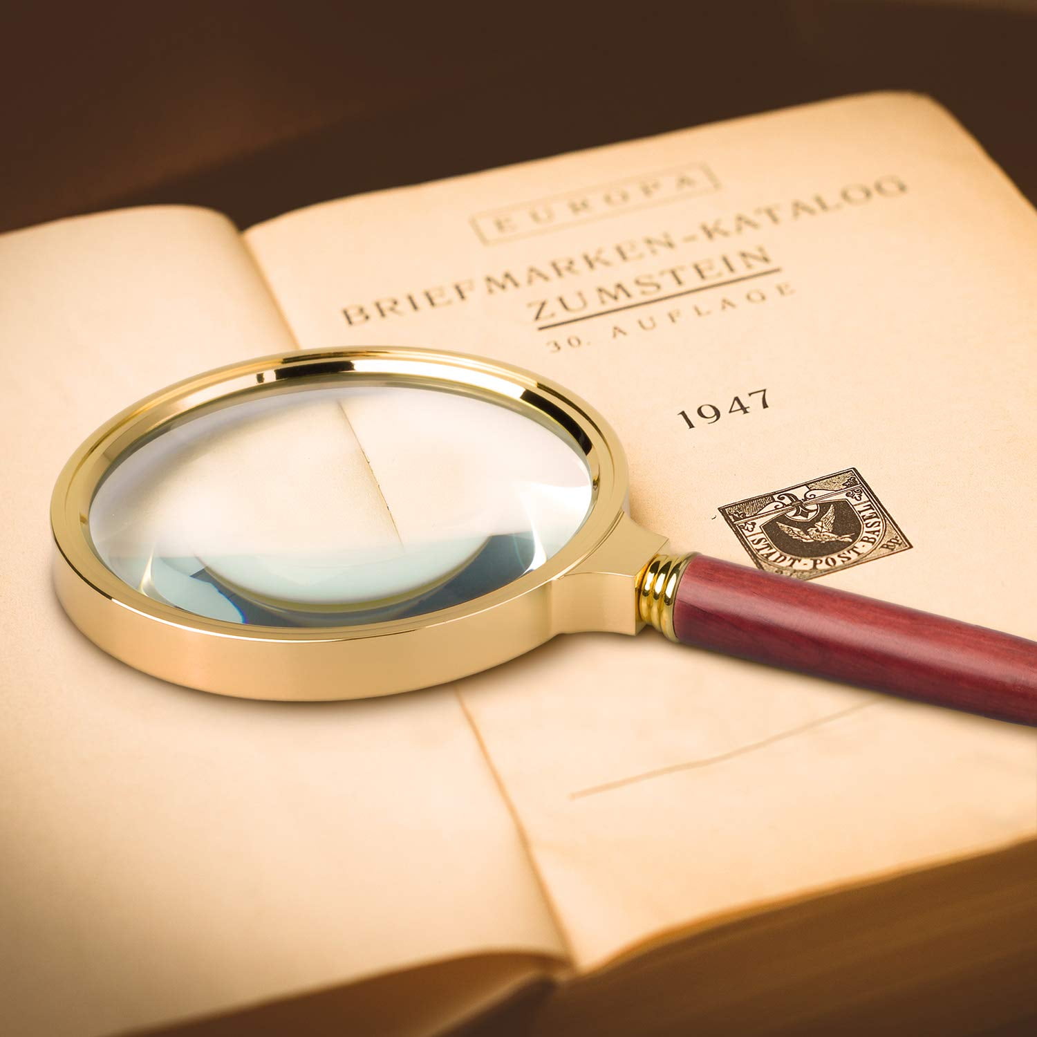 10X Handheld Magnifier Antique Mahogany Handle Magnifier Reading