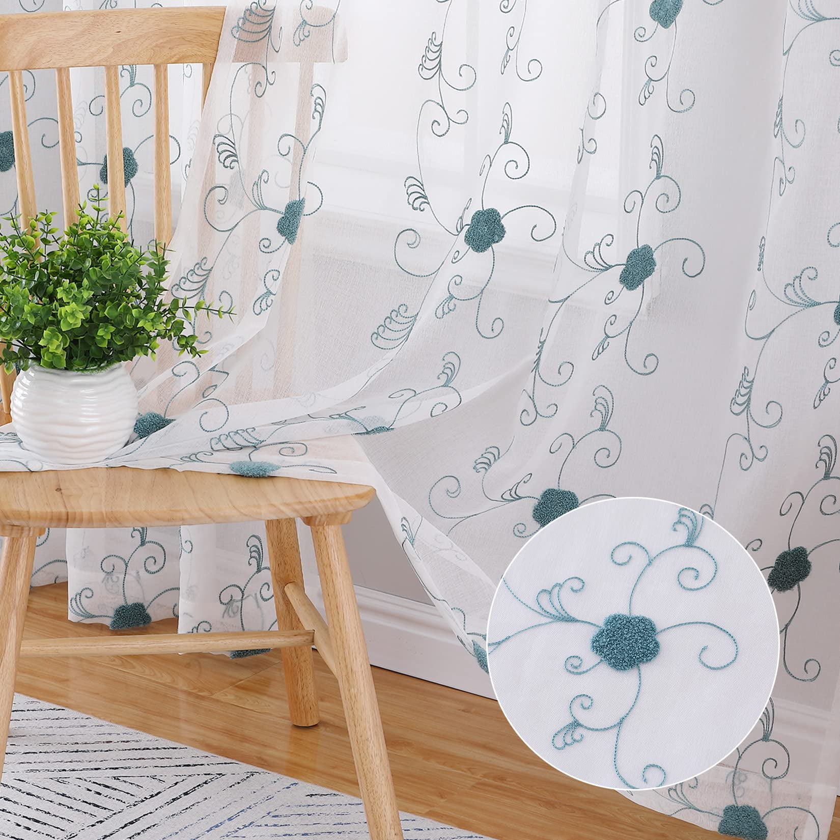 DSstyles 72 Inch Sheers for Windows Curtains, White Floral Embroidered ...