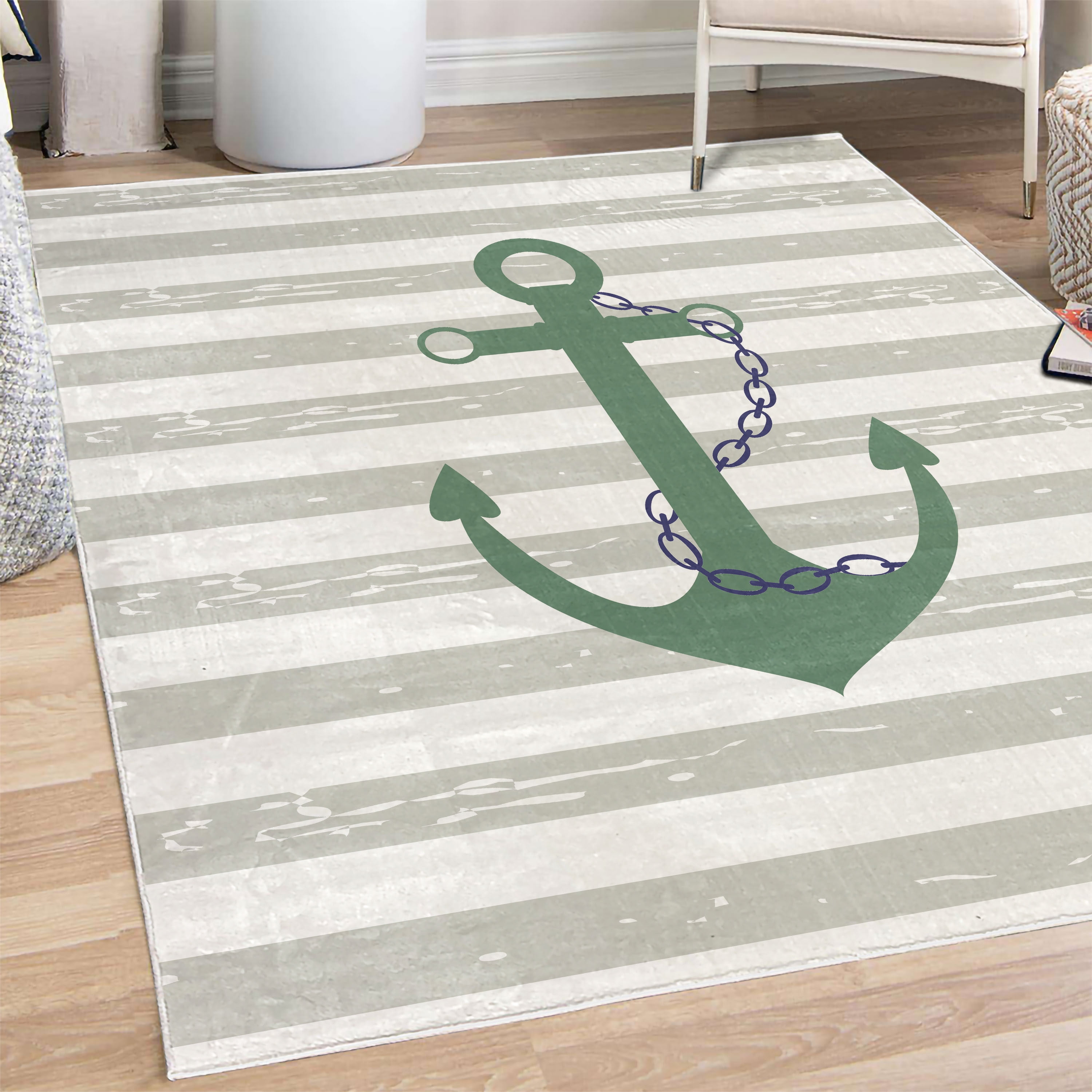 Striped Decorative Rug, Ship Anchor Chain Marine Life Inspired Lines ...