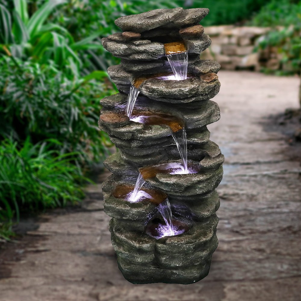 Willwolf Outdoor Water Fountain with LED Lights, 6-Tiered Electric ...