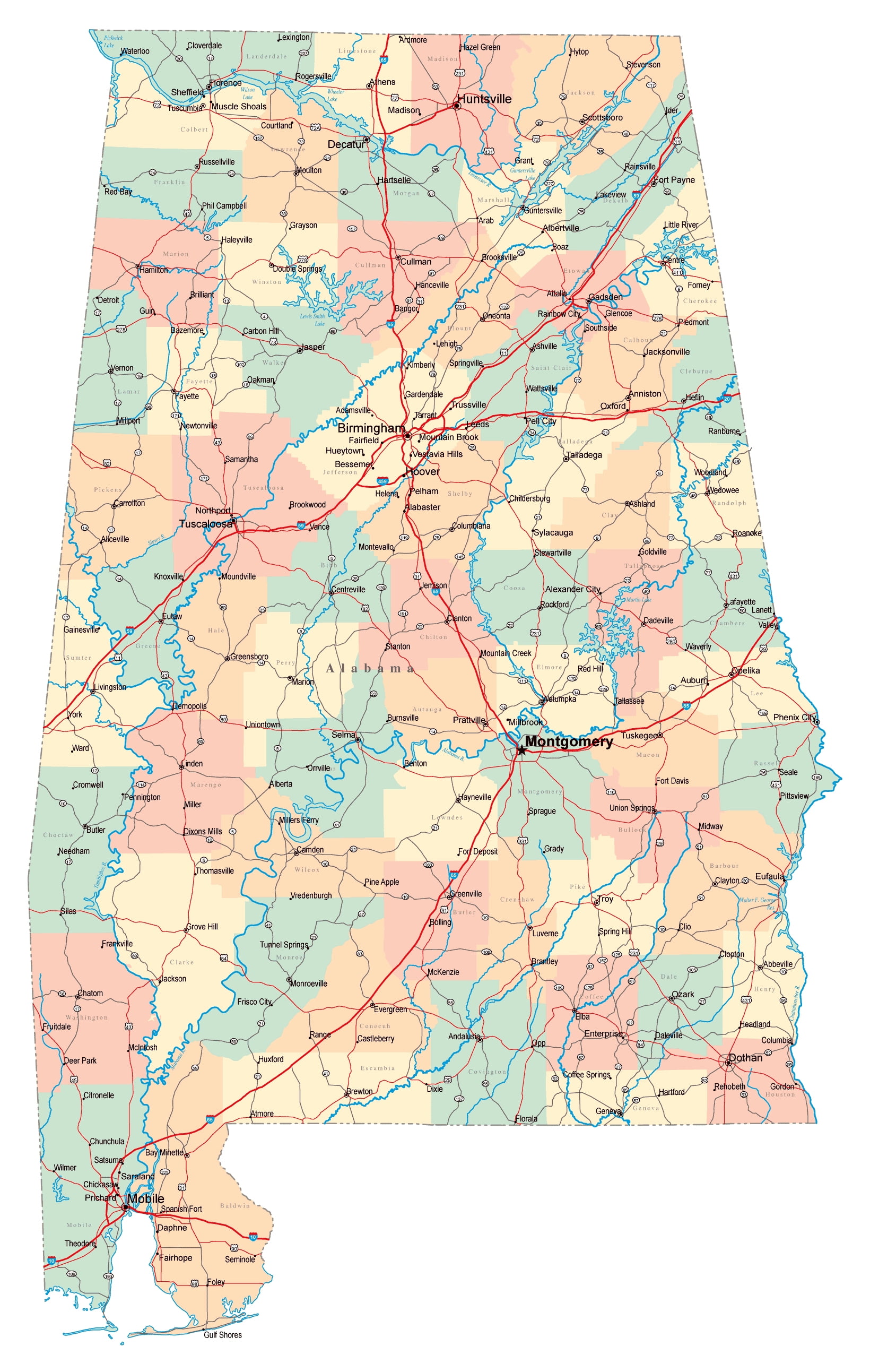 Laminated Map - Large administrative map of Alabama state with roads ...