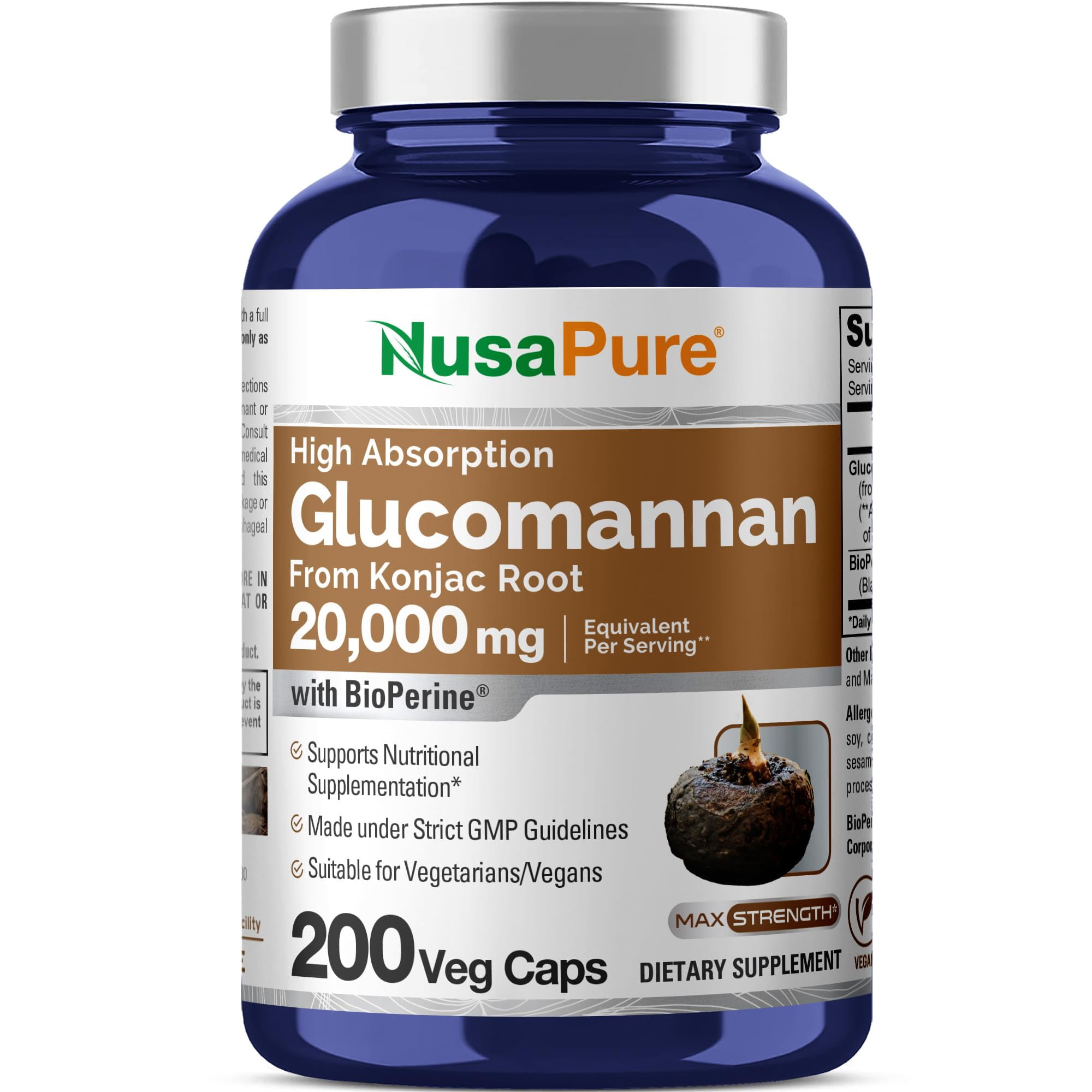 Suplemento de glucomanano NusaPure, 20 000 mg, 200 cápsulas, BioPerine ...