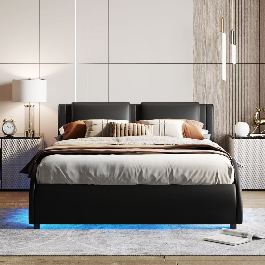 Modern Queen LED Bed Frame, Queen Size Upholstered Faux Leather ...