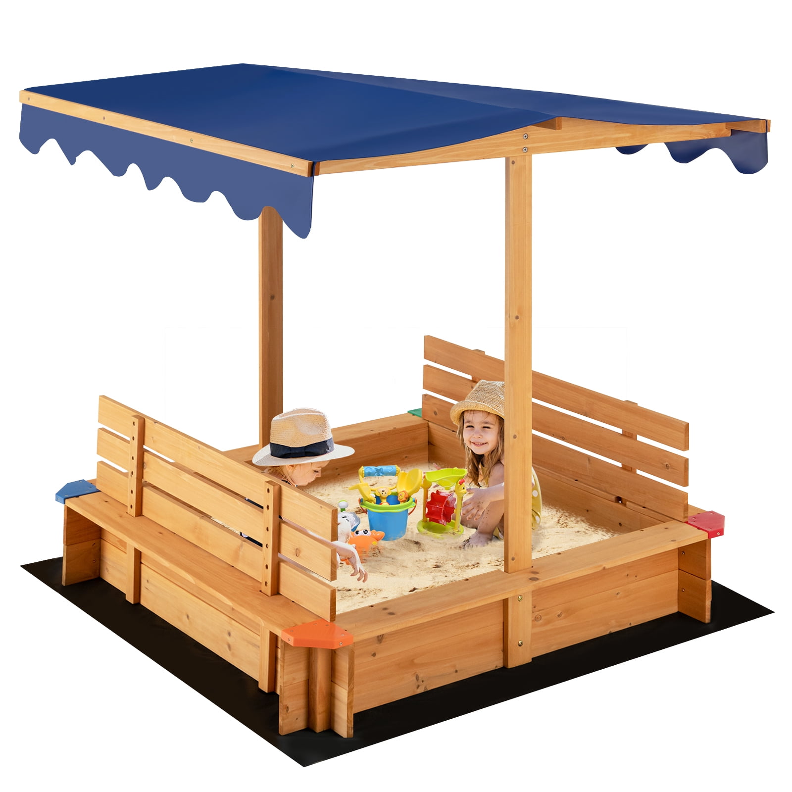 Infans Kids Wooden Sandbox w/ Canopy & 2 Bench Seats Bottom Liner for ...