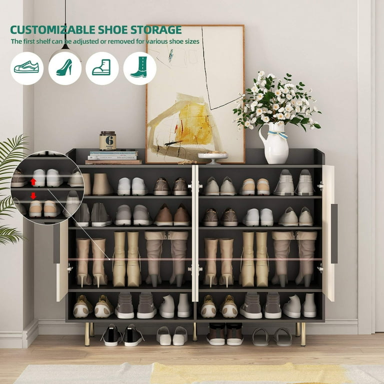 Everly Quinn Sideboard Shoe Cabinet with 4 Doors Large Modern Shoe Storage Organizer Cabinet with Adjustable Shelves for Entryway Black Shoe Rack Cabinet for