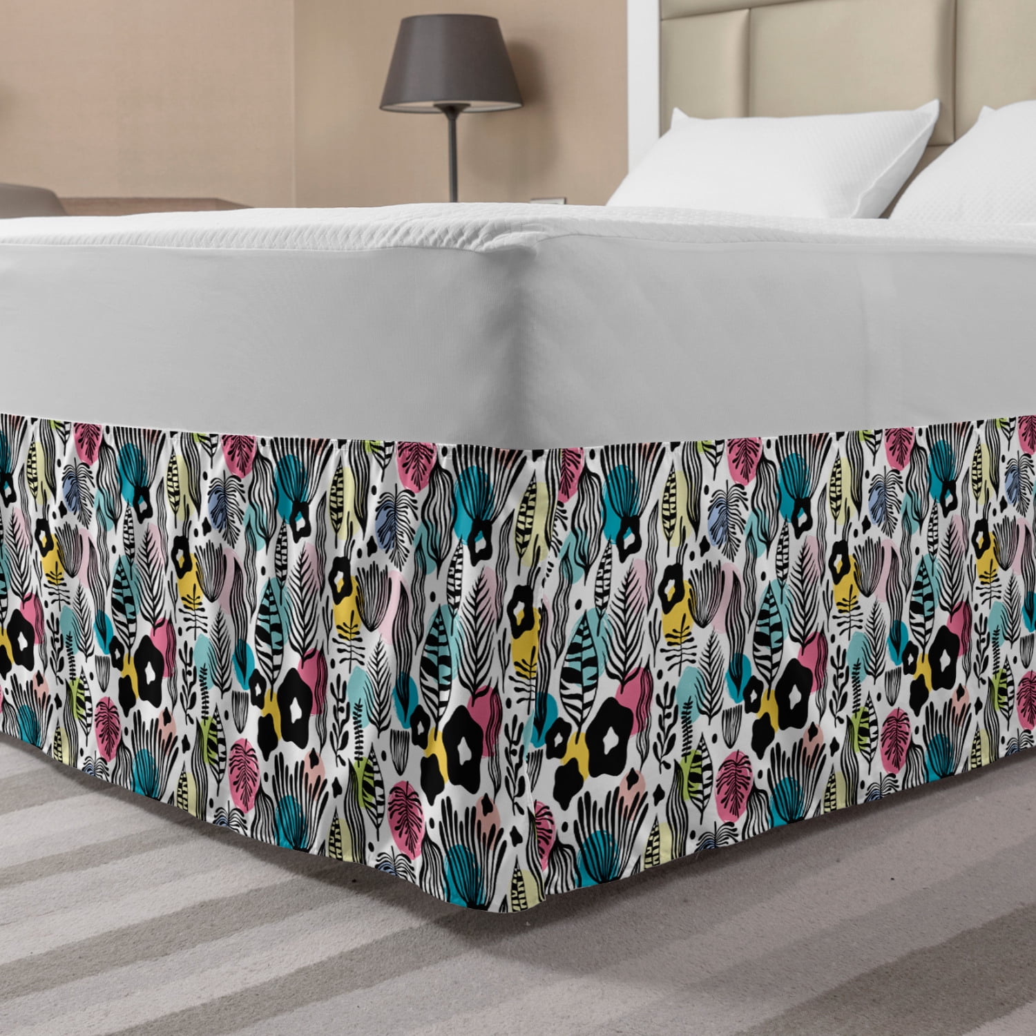 Floral Bed Skirt, Botanical Illustration in Doodle Art Style with ...